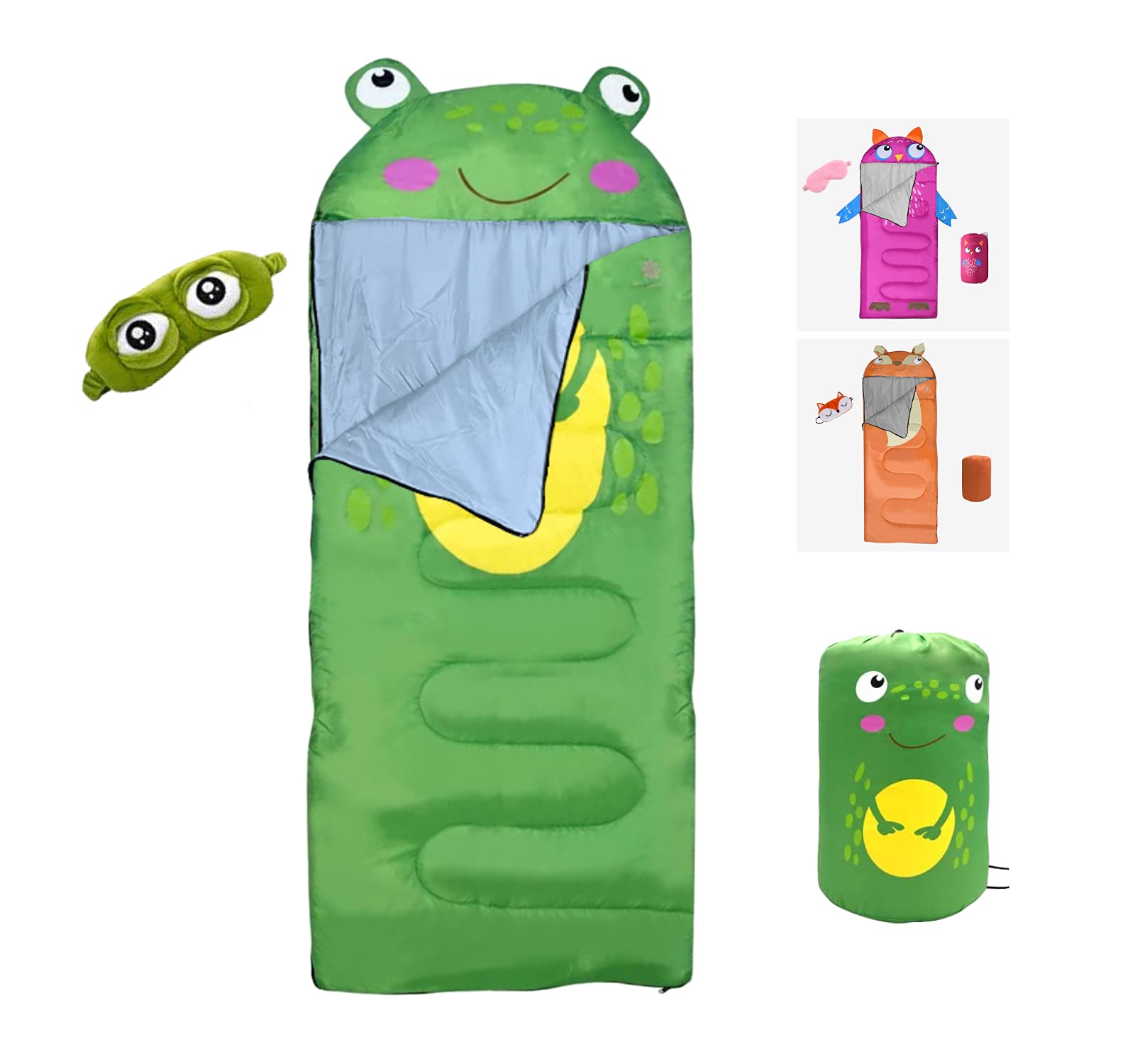 Kids Camping Sleeping Bag with Sleeping Mask, Waterproof, Durable & Lightweight, Ideal for Hiking, Camping & Outdoor Adventures, Frog Pattern