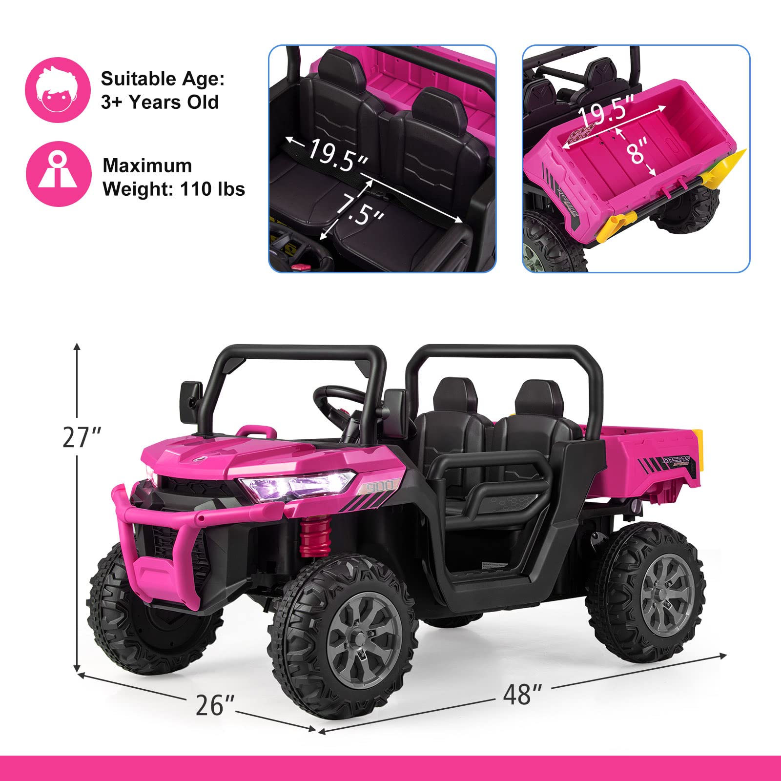 OLAKIDS 2 Seater Ride On Car, 12V Off-Road UTV Electric Vehicle with Remote Control, Dump Bed, Extra Shovel, Music, USB, AUX, Rocking Function, Kids Toddlers Battery Powered Truck (Pink)
