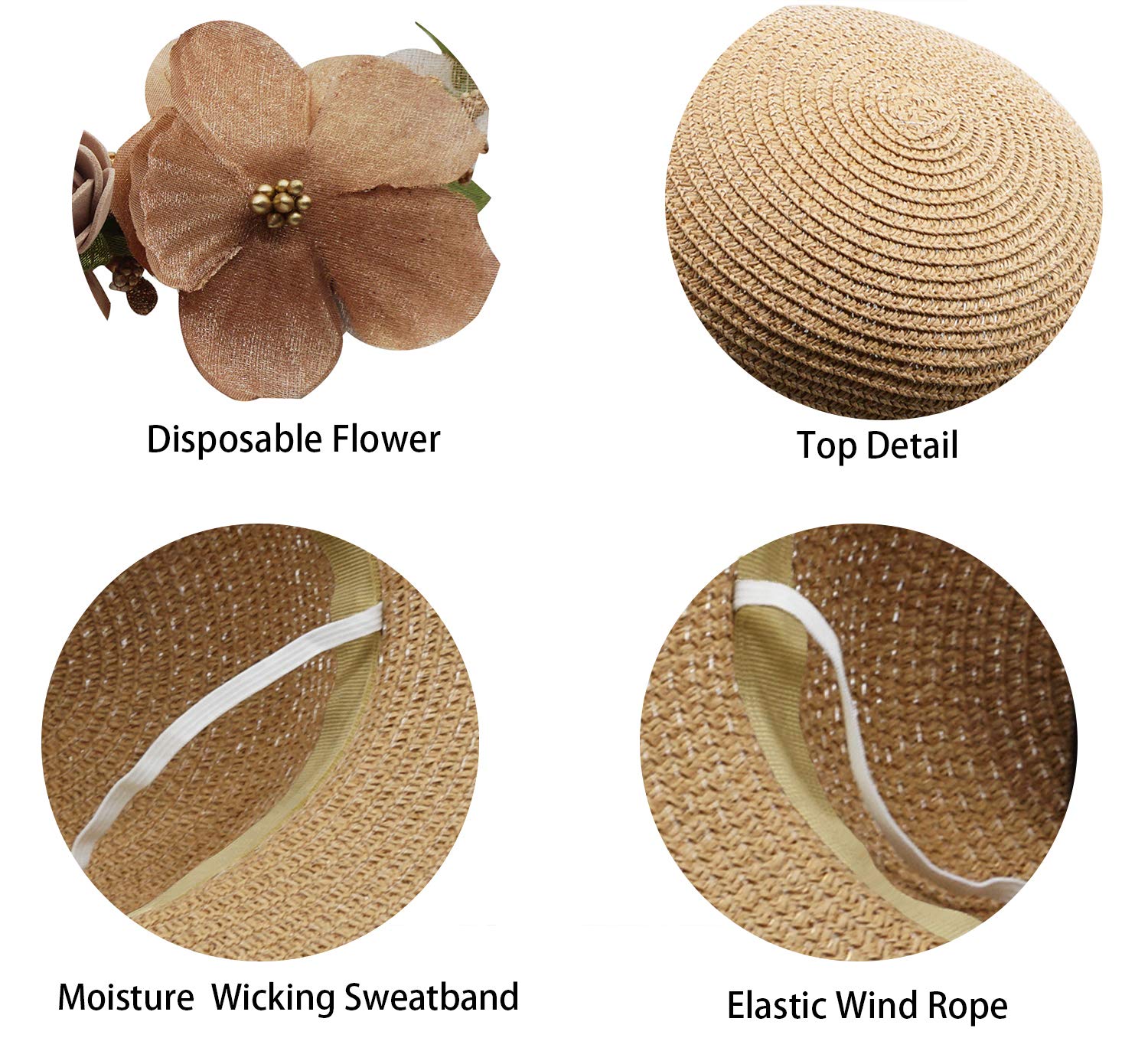 Lovful Sun Hats for Women with Flower Decor,Wide Brim Beach Hats Straw Hat,Summer Sun Protection Hat Caps, khakiBeige