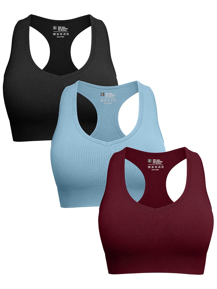 LNSK Women 3 Piece Workout Medium Support Seamless Crop Top Soft Ribbed Deep V Neck Yoga Sport Bra Black Hazeblue WineRed