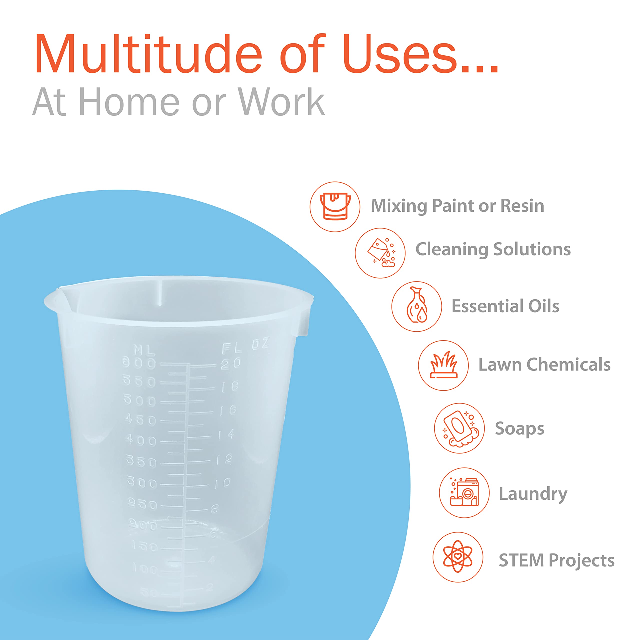 Plastic Beaker and Funnel Set of 8, Graduated Polypropylene Beakers in 600ml, 400ml, 250ml, 150ml, 100ml, 50ml & Funnels in 67mm and 58mm. Ideal for Laboratory, School or at Home.