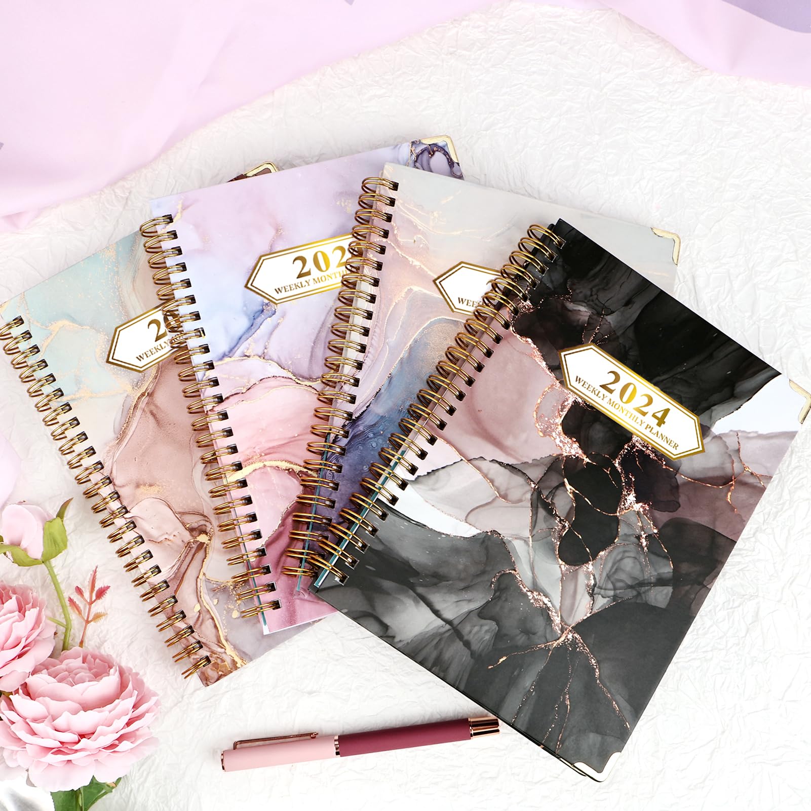 Knagsfa 2024 Monthly Planner, Jan 2024 - Dec 2024 Weekly Monthly Planner 6.5" x 8.5" with Page Tabs, Calendar Hardcover with Inner Pocket, Elastic Band, Twin-Wire Binding, Bookmark,Black Pink Marble