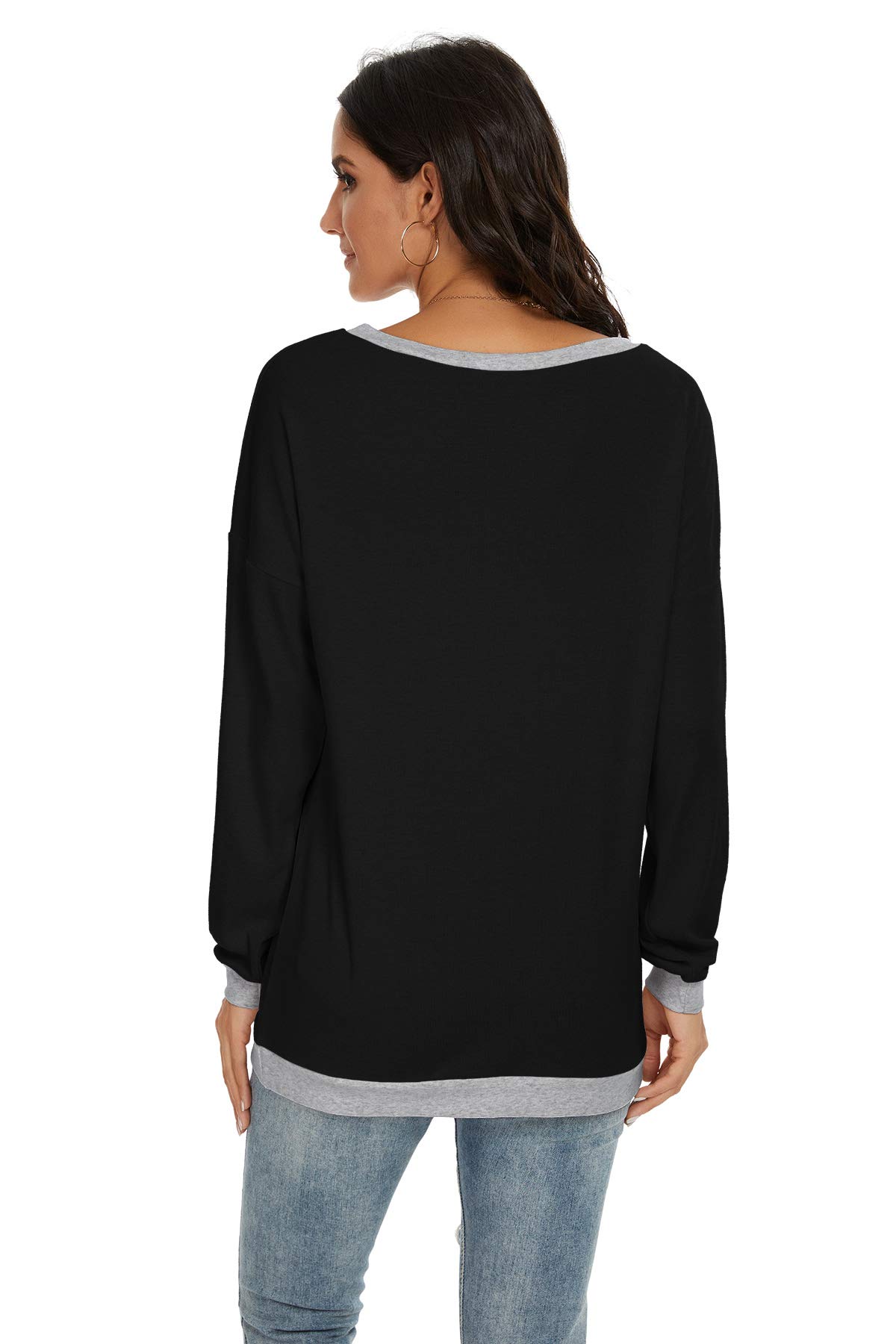 JINKESI Women Long Sleeve Tops Color Block Sweatshirts Round Neck Loose Tunic Top Black-X-Large