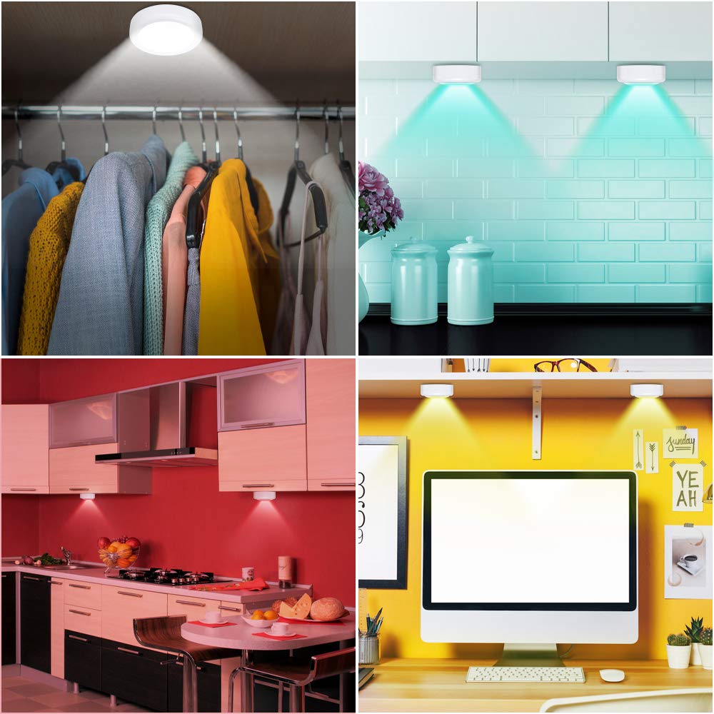 KINDEEP Mini Puck Light with 2 Remote Control, RGB 13 Colors Changing & Dimmable LED Under Cabinet Lighting Battery Powered Closet Lights for Kitchen Stick On Lights-Small Size 3 AAA Battery 6 Pack