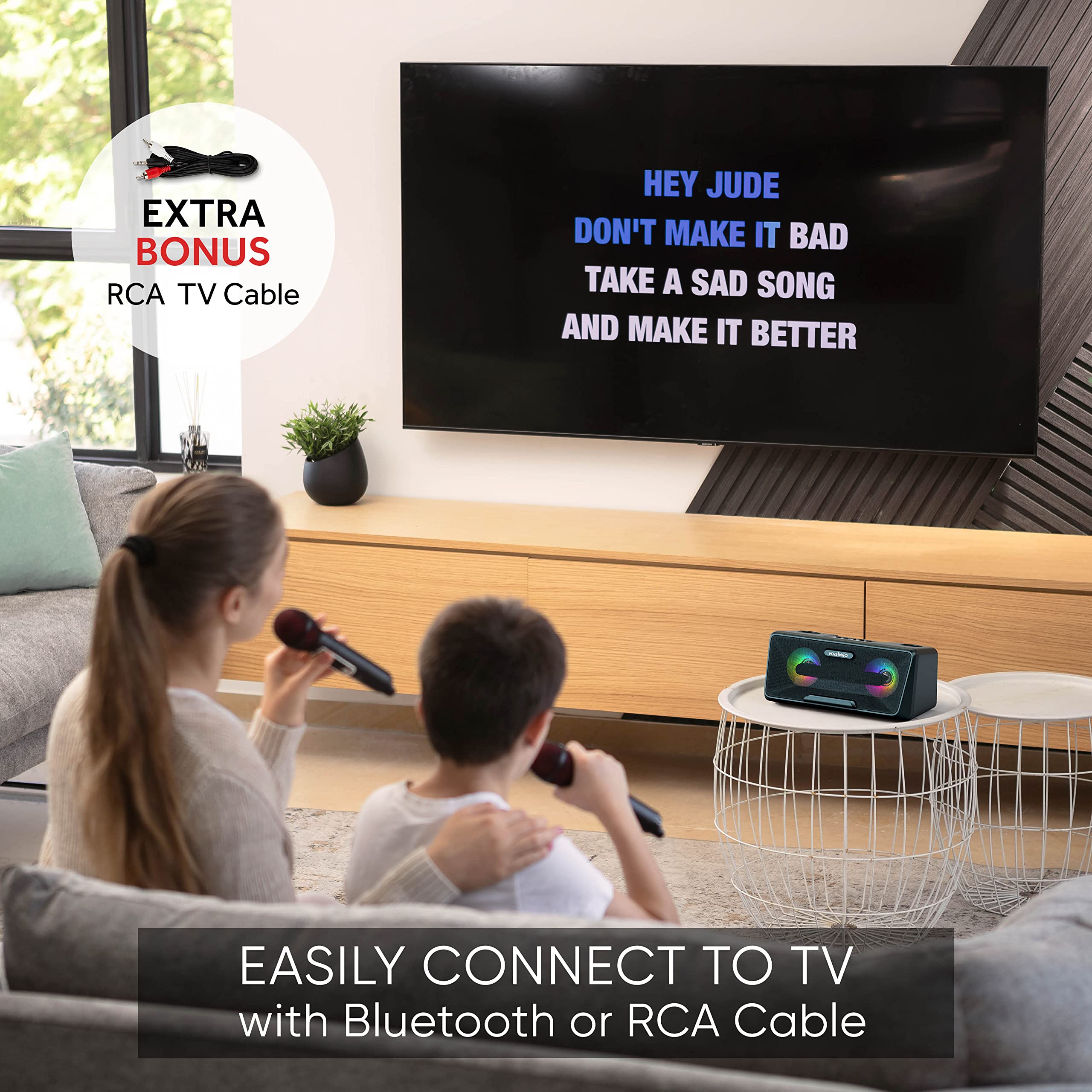 MASINGO Karaoke Machine for Adults and Kids, Wireless Microphones, Portable Bluetooth Singing Speaker, Lyrics Display Holder & TV Cable, Black