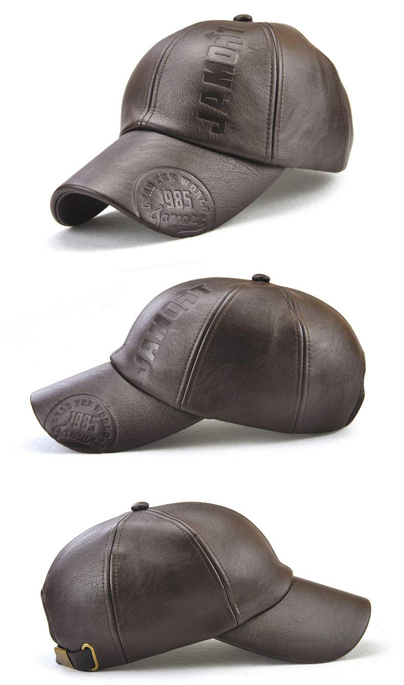 JAMONT PU Leather Baseball Cap Casquette Flat Hat with Printed Letters (Dark Coffee)