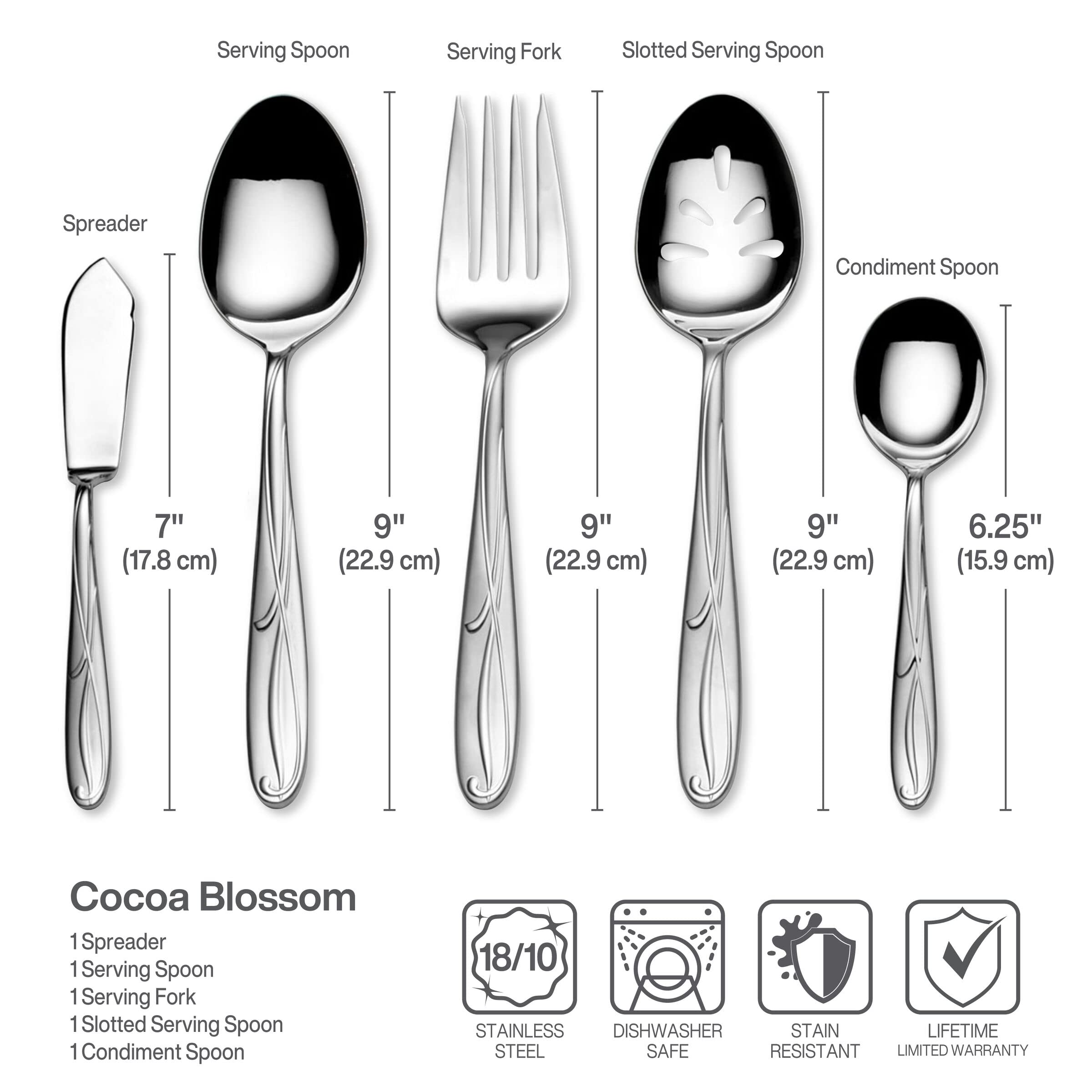 Mikasa 5061639 Cocoa Blossom 65-Piece 18/10 Stainless Steel Flatware Set with Hostess Serving Utensil Set, Service for 12,Silver