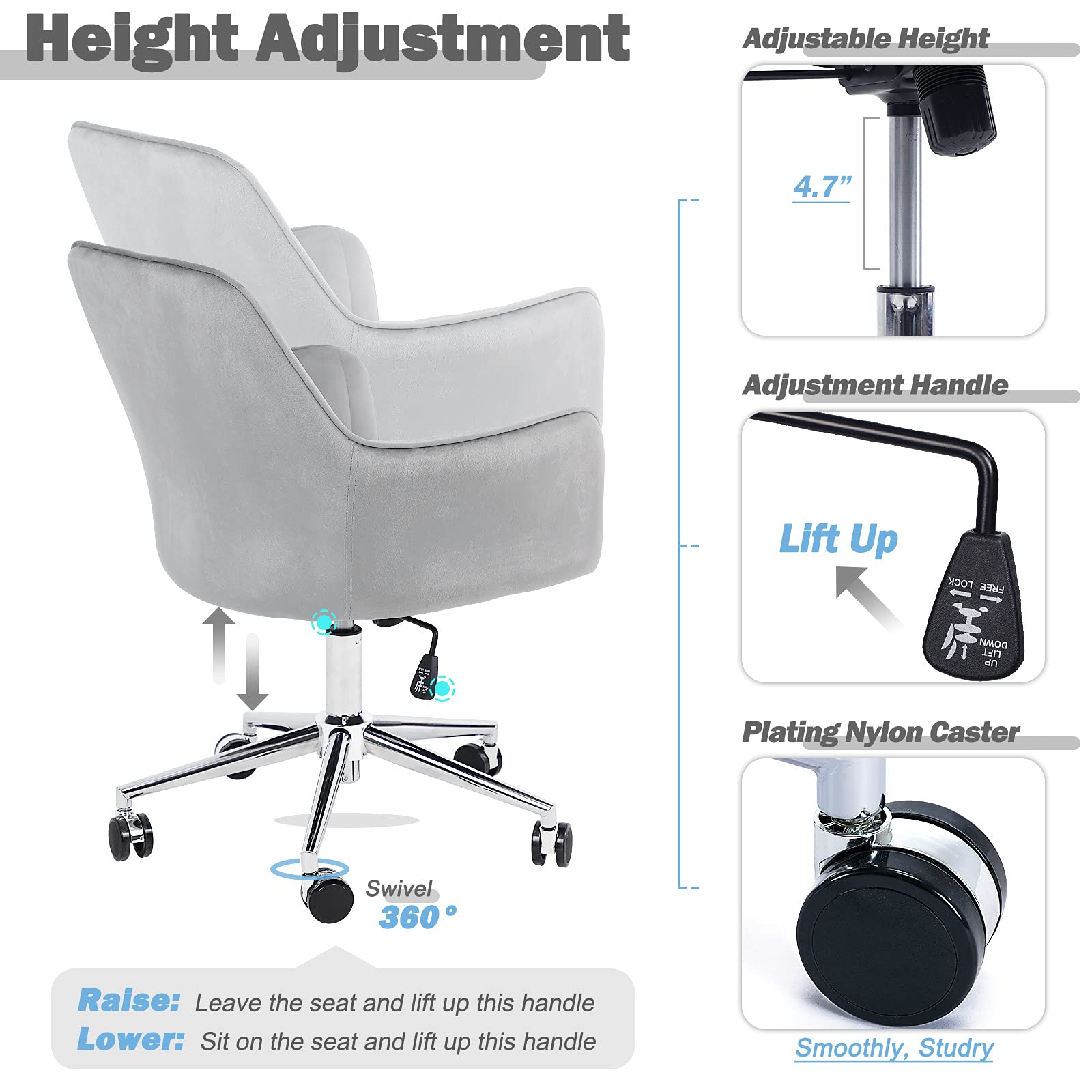 Jacky Home Velvet Office Desk Chair with Mid-Back, Modern Height Adjustable 360° Swivel Upholstered Computer Task Chair with Arms and Wheels for Study Room Living Room Bedroom (Grey)