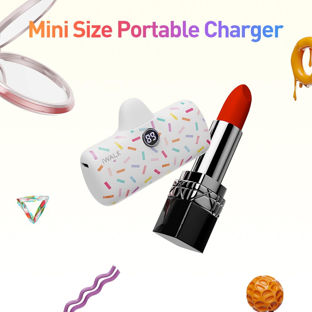 iWALK USB-C Portable Charger with Colorful Pattern, 20W PD Fast Charging 4800mAh Small Power Bank with LED Display, Compatible with iPhone 15/15 Plus/15 Pro/15 Pro Max, iPad, Airpods, White