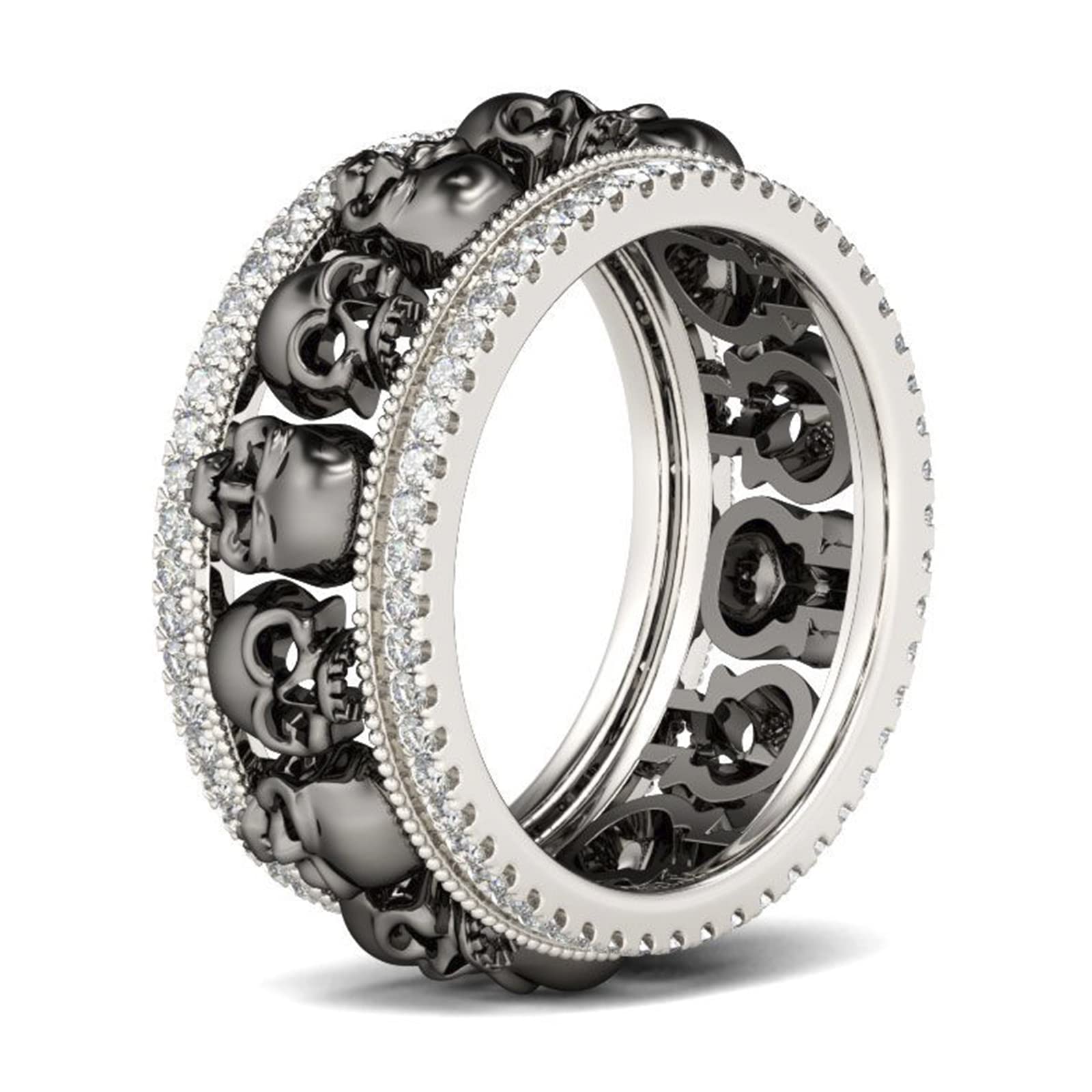 Jeulia Black Skull Rings for Women Mens Sterling Silver Biker Band Style Rings Two Tone Plated Stackable Wedding Bands White Diamond Bridal Set Engagement Anniversary Promise rings for Her (7.5)