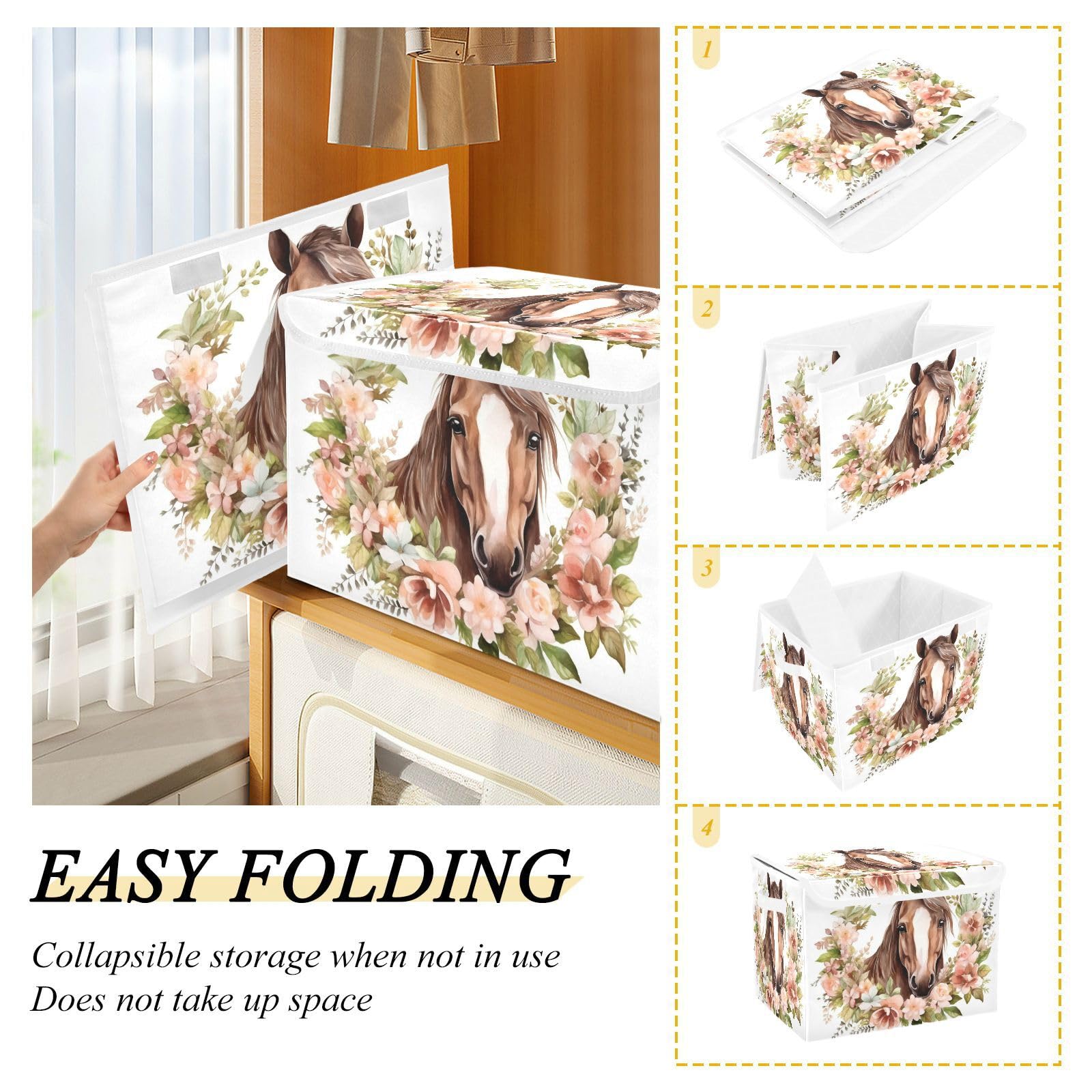 senya Baskets Collapsible Storage Bins with Lids, Horse Head Flower Leaves Storage Boxes Clothes Baskets for Organizing, B06D22020