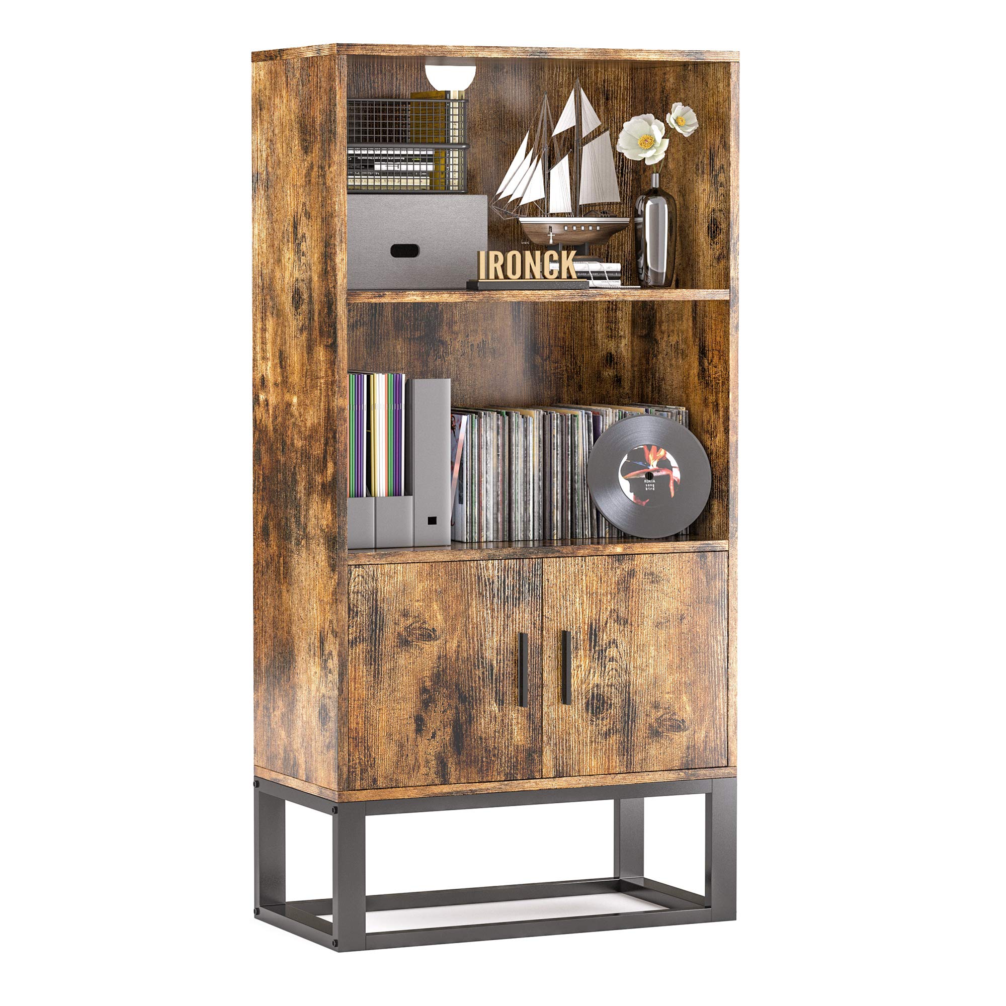 IRONCK Industrial Bookcase with Doors, Small Wood Bookcases and Bookshelves 3 Tier, Free Standing Display Storage Shelves Cabinet for Books, Photos, Decorations, Vintage Brown