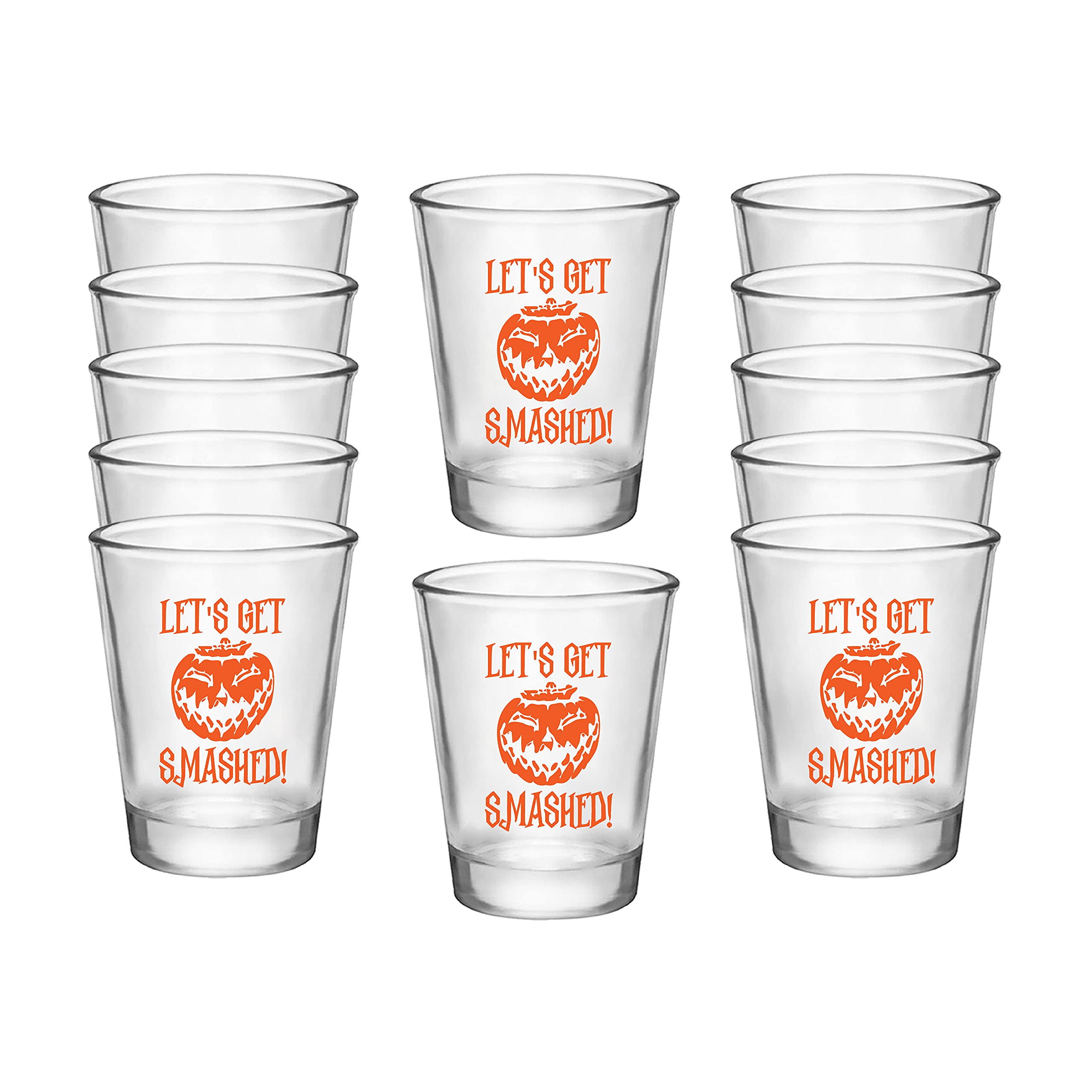 Let's Get Smashed Halloween Shot Glasses - Set of 12 Glass Decor Cups, Double Sided Print - Clear Decorative Drinking Glassware for Tequila, Vodka, Liquor Drinks - Barware for Themed Party (Orange)