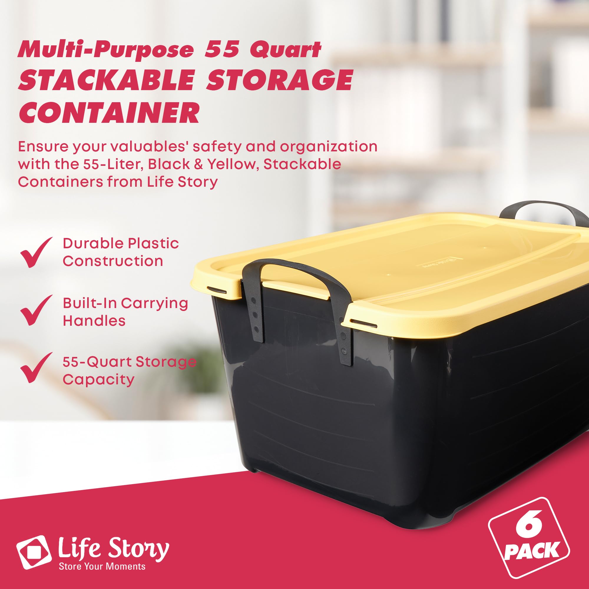 Life Story 55 Quart Plastic Stackable Storage Unit Bin with Lid and Handles for Home Garage Organization, Black and Yellow (6 Pack)