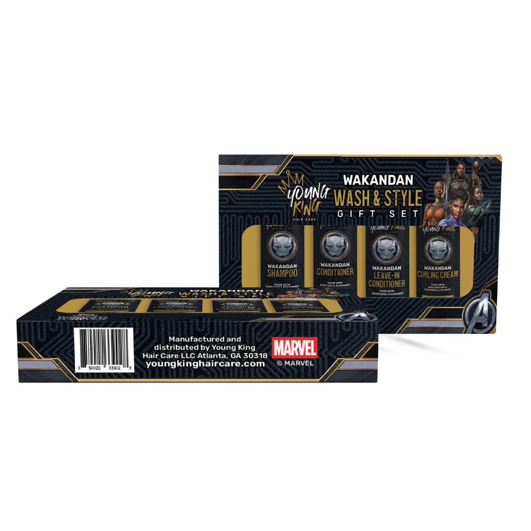 Marvel Black Panther: Wakanda Forever Young King Hair Care Wakandan Wash & Style Gift Set | Shampoo, Conditioner, Leave-In Conditioner, Curling Cream