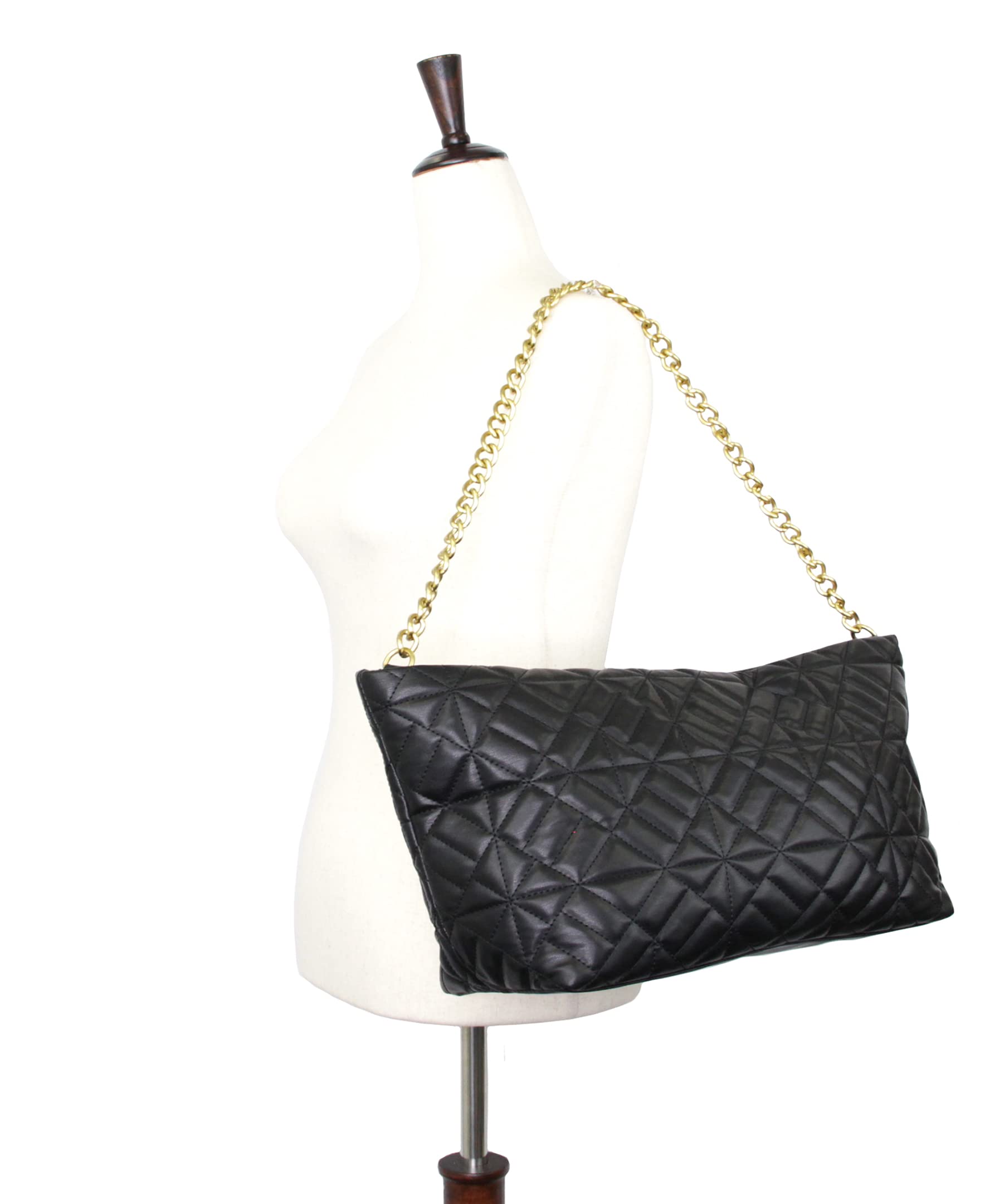 Olivia Miller Women's Fashion Mina PVC Quilted Black Shoulder Tote Bag w Chunky Gold Chain Strap, Medium Weekender Casual Purse Handbag