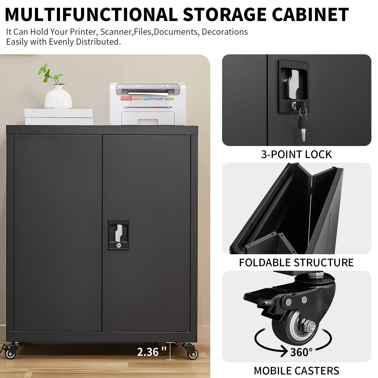 LUCYPAL Metal Storage Cabinet with Wheels,Lockable Steel Storage Cabinet with Doors, Mobile Metal Storage Cabinet with Adjustable Shelf, Metal Filing Cabinet for Home Office,Garage,Black