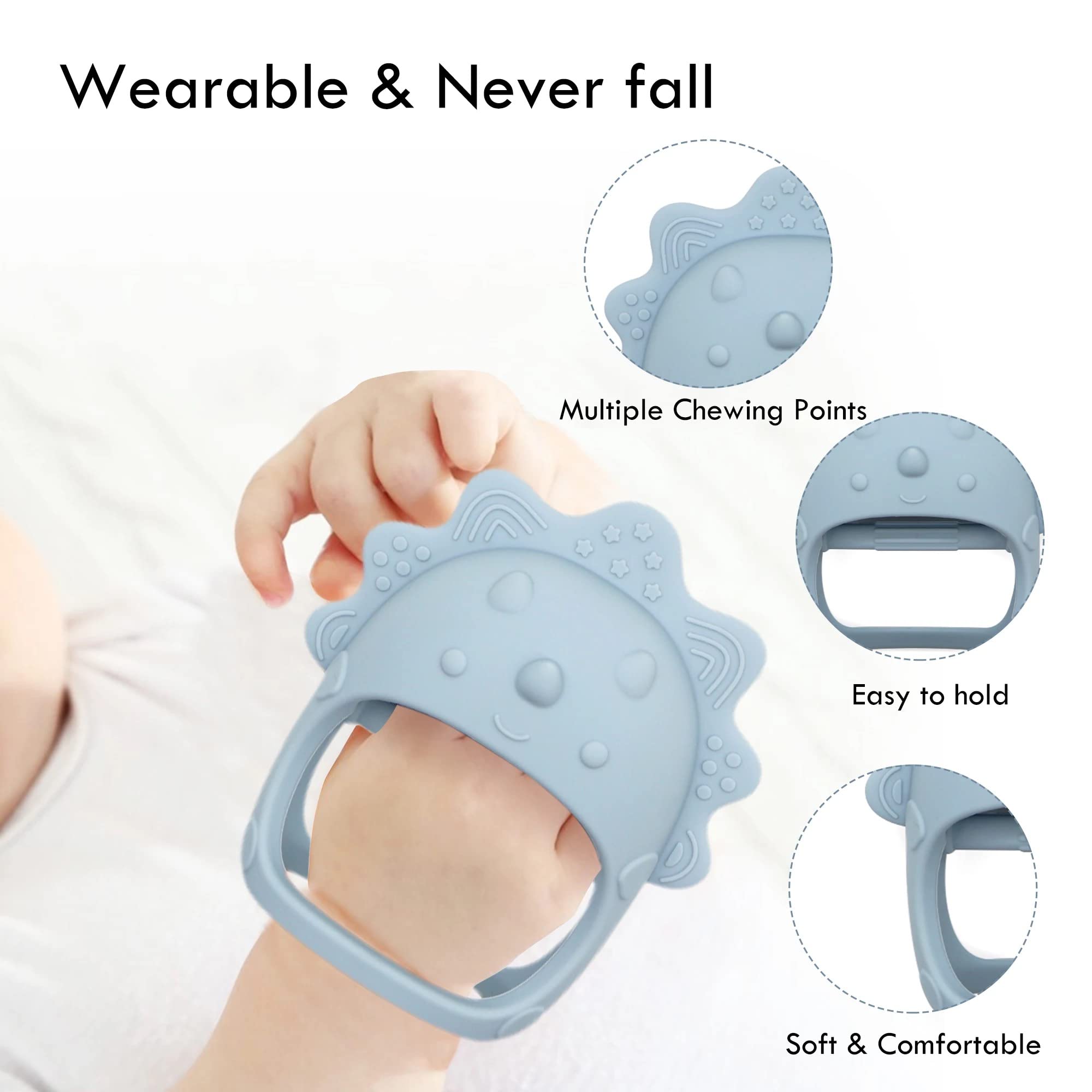 MOMMYS BABY Silicone Baby Teether Set, Infants Chew Mitten, Pain Relief for Sore Gums, Soothing 2 in 1| Olive Green Chick, Dusty Blue Triceratops | Anti-Drop with Handle for Easy Grip