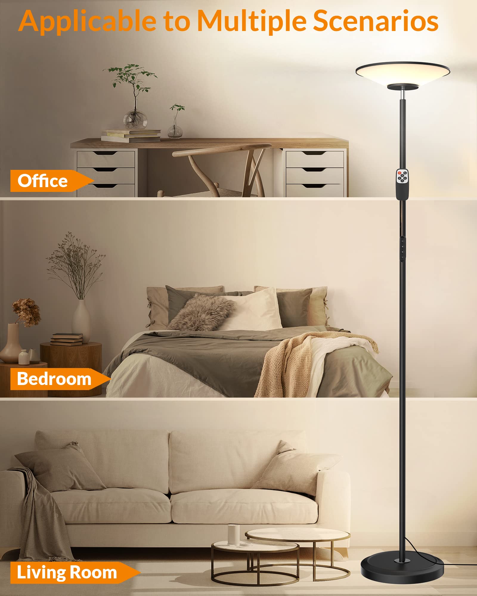 LEPOWER Bright Floor Lamp, Torchiere LED Standing Lamp with Wall Switch and Remote Control, 50 Lighting Effects Modern Pole Lamp, Tall Floor Lamps for Living Room, Bedroom, Office, Dorm, Corner