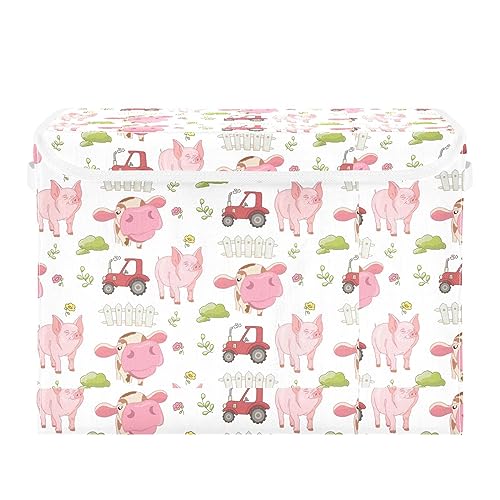 Krafig Foldable Storage Box Large Cube Organizer Bins Cute Farm Cow Pig Containers Baskets with Lids Handles for Closet Organization, Shelves, Clothes, Toys