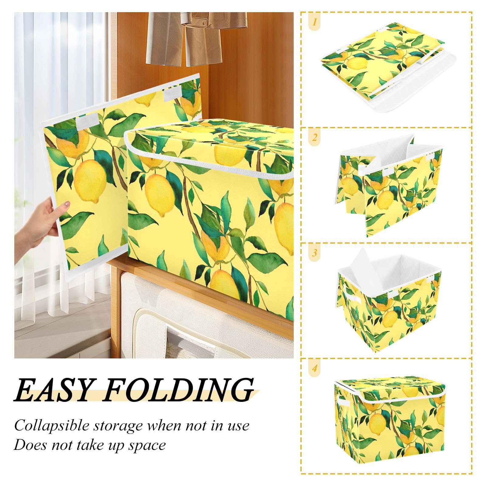 Krafig Retro Lemon Decorative Storage Box with Lid Large Bins Baskets Foldable Cube Organizer Collapsible Containers for Organizing, Toy, Home, Shelf, Closet