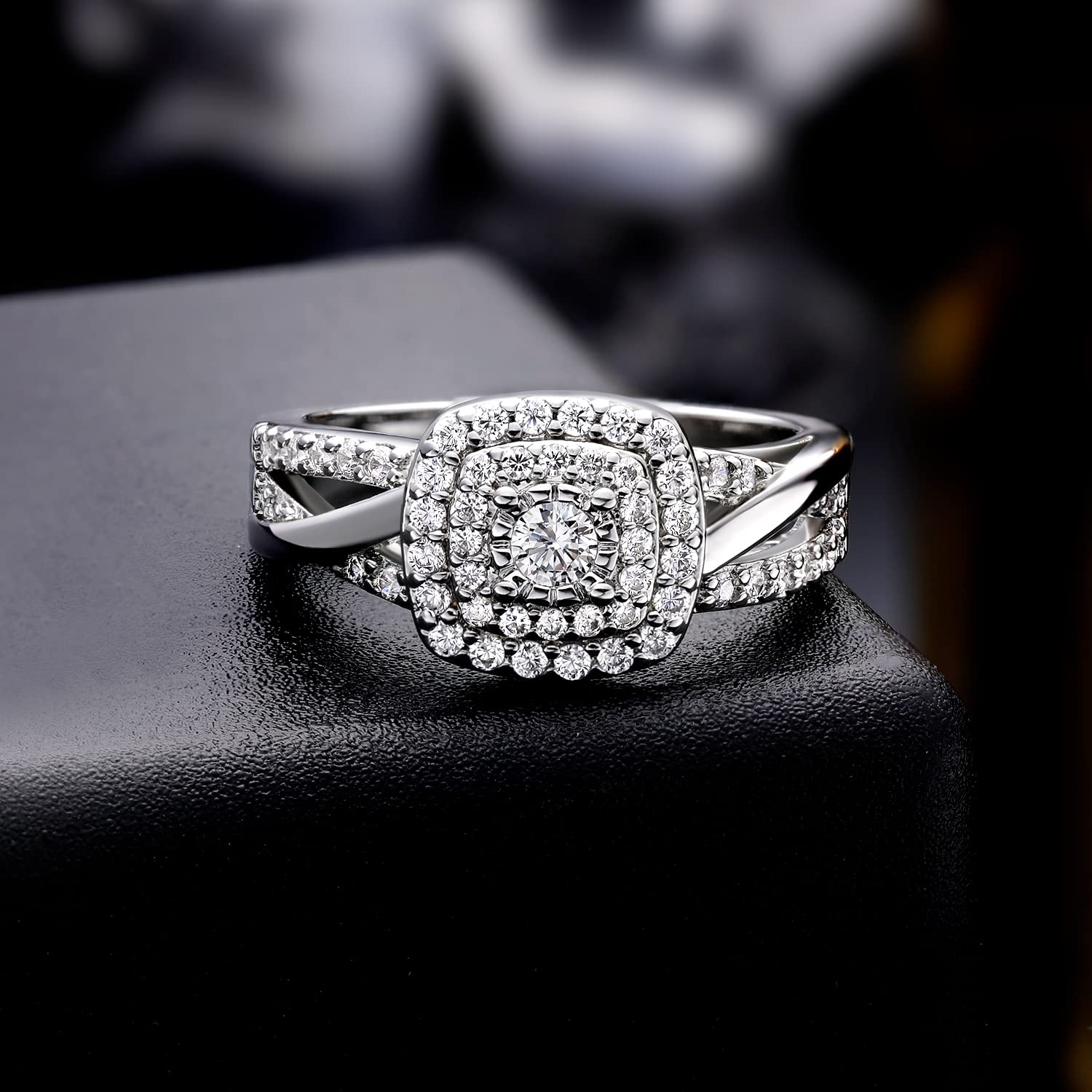 MDFUN Three-in-One Square Halo Wedding Band Set Engagement Ring 18K White Gold Plated Cubic Zirconia Promise Eternity Ring for Women Size 7