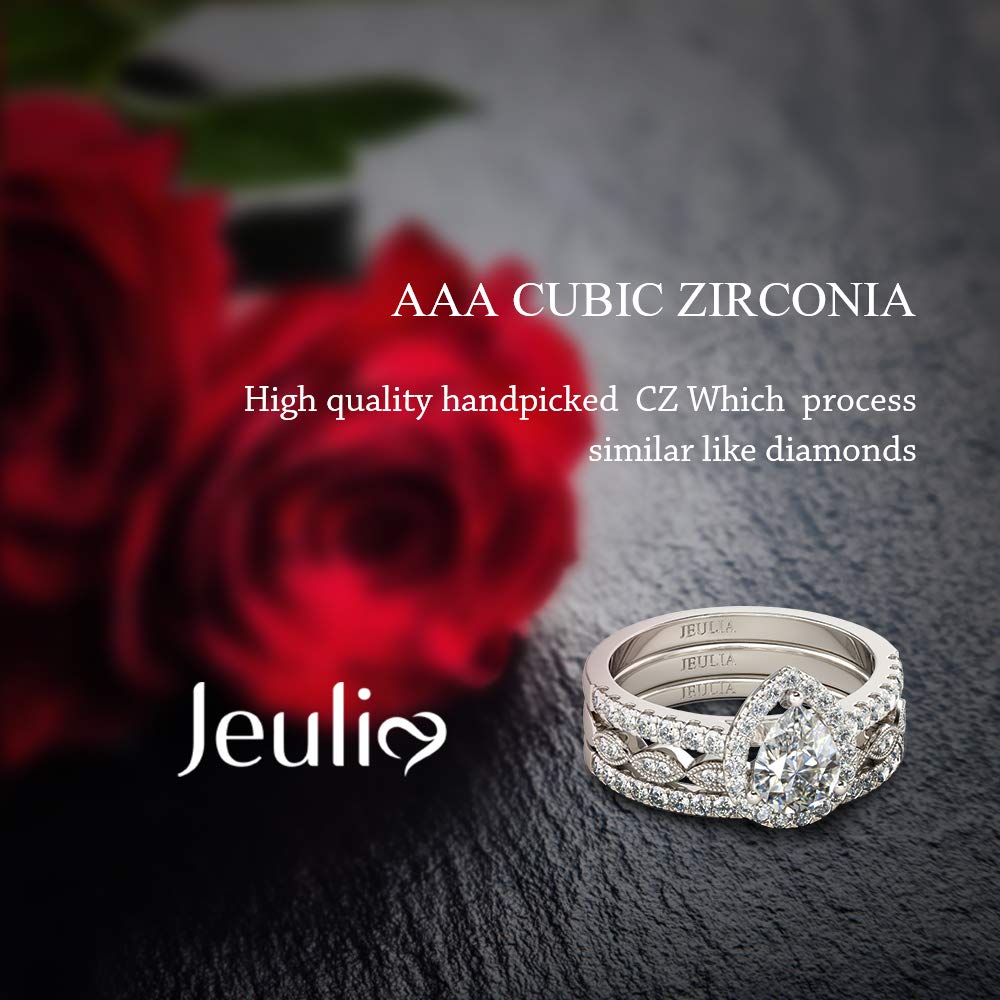 Jeulia Halo Pear Cut Ring Set CZ Heart Shape Engagement Ring for Women Sterling Silver White Diamond Bridal Set Promise Anniversary Rings with Jewelry Gift Box (7)