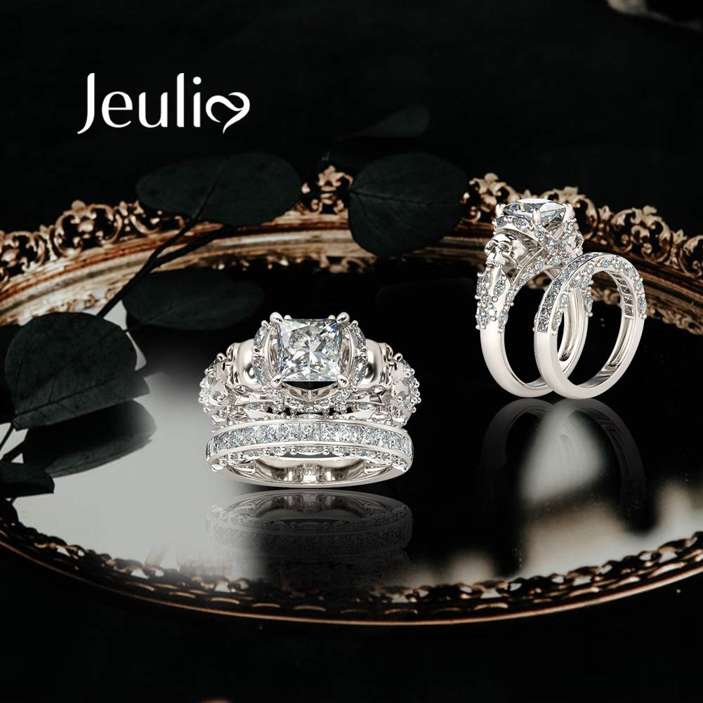 Jeulia Sterling Silver Princess Cut Skull Engagement Ring Set with Cubic Zirconia - Wedding Anniversary Promise Ring Bridal