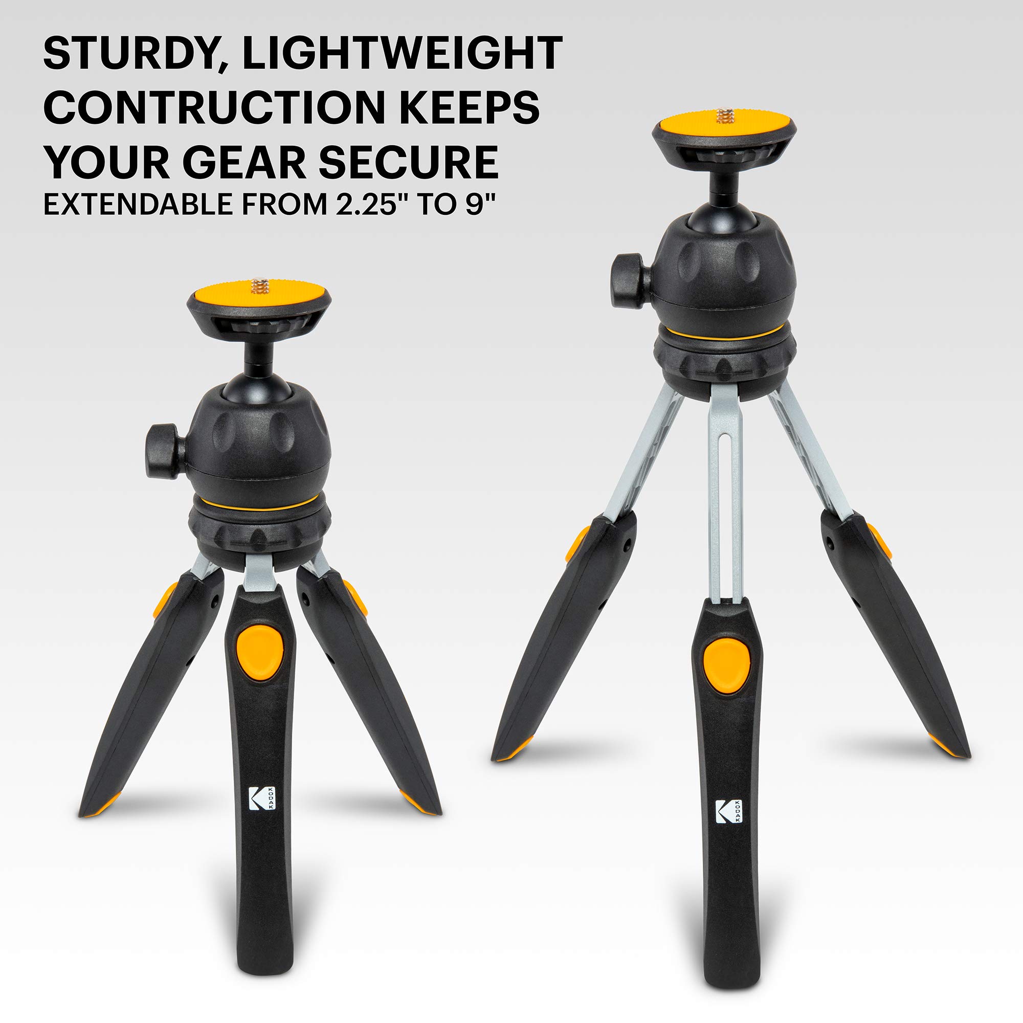 Kodak Mini Tripod for Luma 75, Luma 150, Luma 350 with 360° Ball Head, Adjustable Compact 9” Tabletop Tripod, 5-Position Legs, Rubber Feet, Remote Control, Smartphone & Action Camera Adapters Included