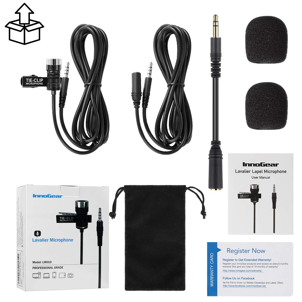 InnoGear Lapel Microphone with 6.5 Feet Extension Cable and 4 to 3 Pin Adapter 3.5mm Clip-on Omnidirectional Lavalier Mic for iPhone Android Smartphone