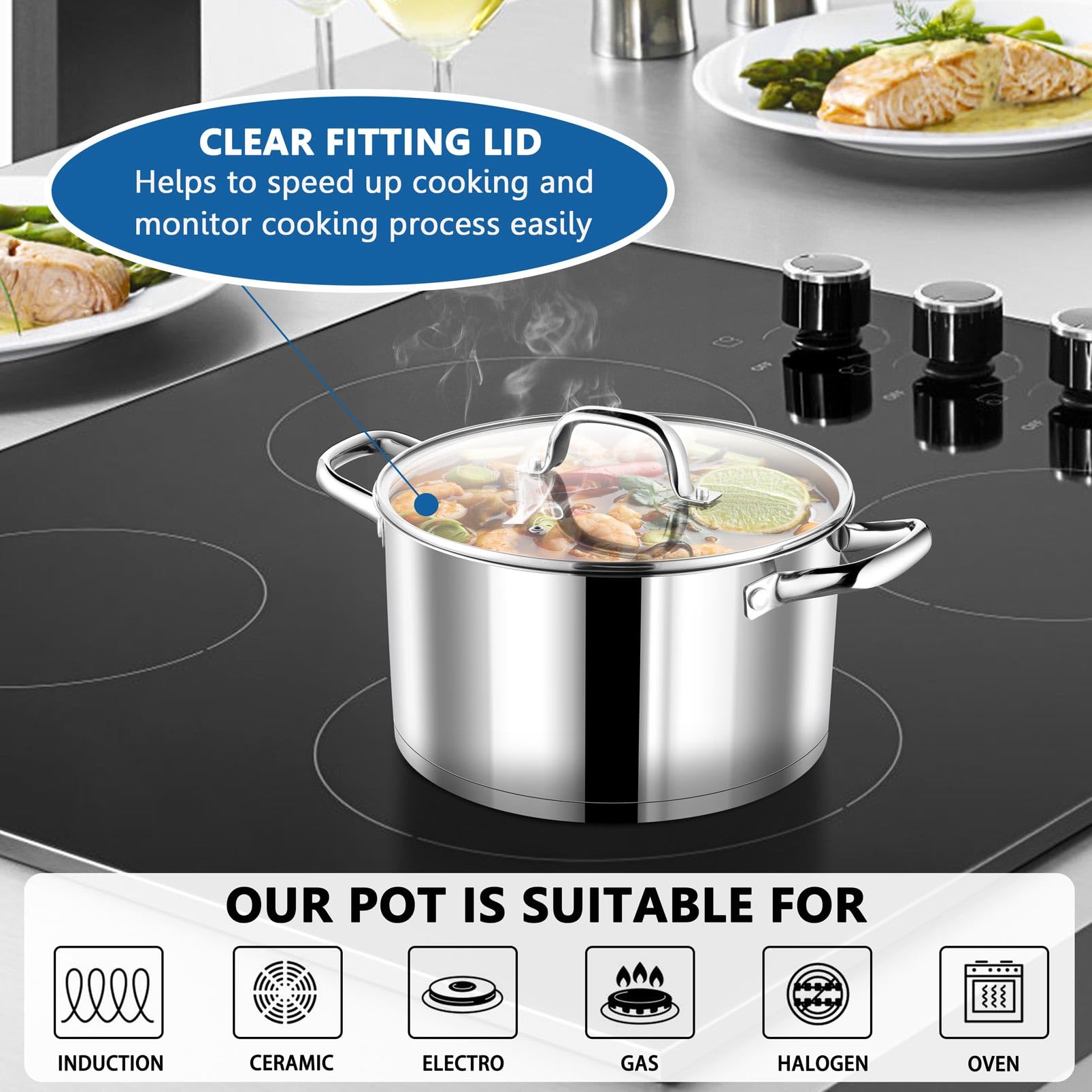 P&P CHEF 4qt Stainless Steel Stock Pot with Lid, Cooking Pasta Pot with Tri-Ply Base for Induction Gas Electric Stoves, Double Riveted Handles, Sturdy & Dishwasher Safe