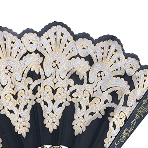 ONILA Folding Hand Fan Black Spanish Style Dance Party Wedding Lace Silk Folding Hand Held Flower Fan Handheld Fans