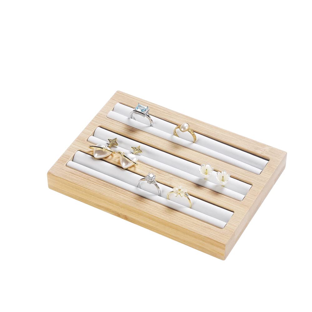 JAMEND CLXP Bamboo Wood Ring Display Holder Showcase Earrings Organizer Tray Idea Gift for Girls Women, Rectangle Jewelry Storage Stand with PU Leather, 11.2" x 5.7" x 0.6", Black, 9 Slots.…