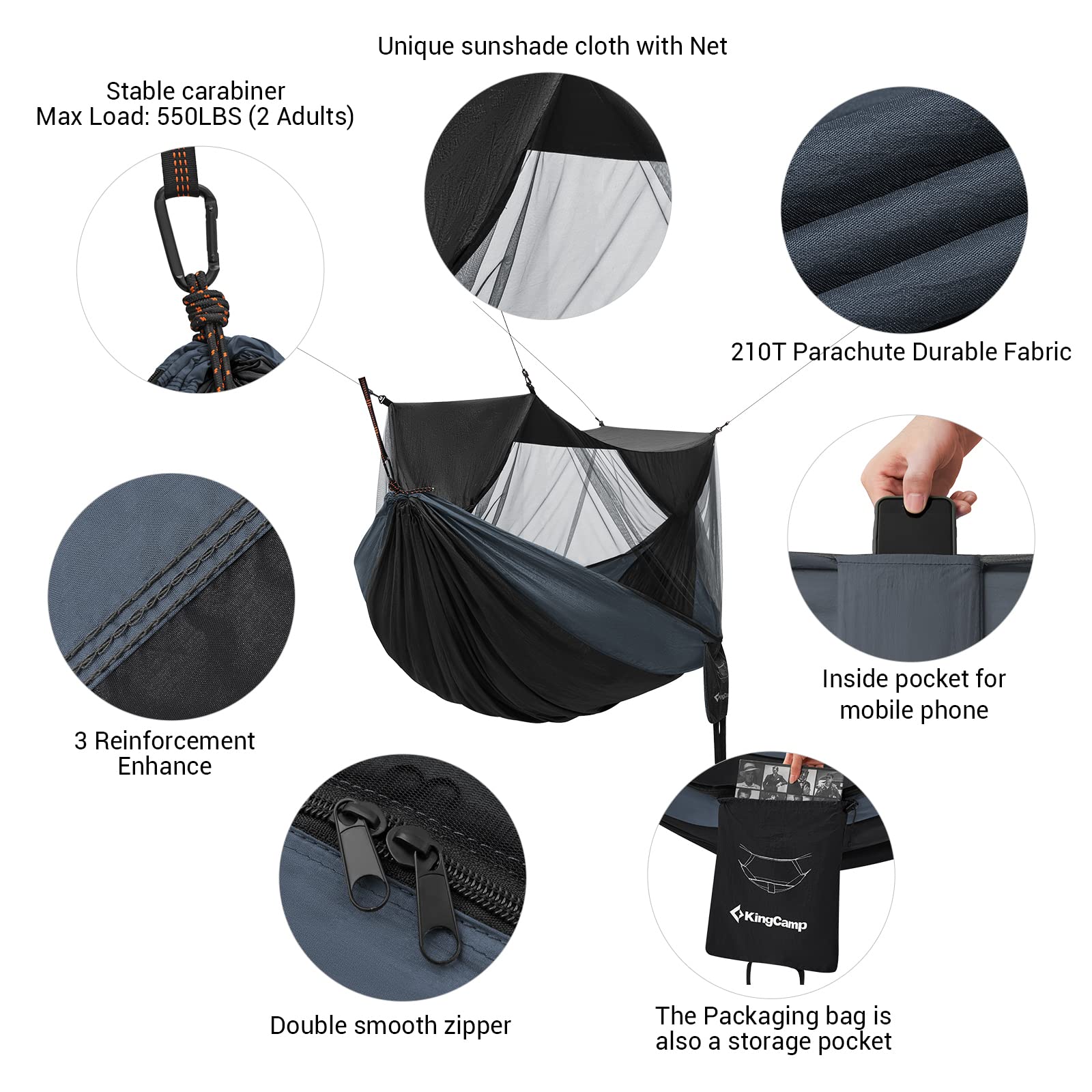 KingCamp Camping Hammock with Net, Double & Single Portable Hammock add Sunshade Cloth Lightweight Tree Hammocks for Outside Camping Travel Backpacking Backyard Support to 550lbs, Tree Straps (Black)