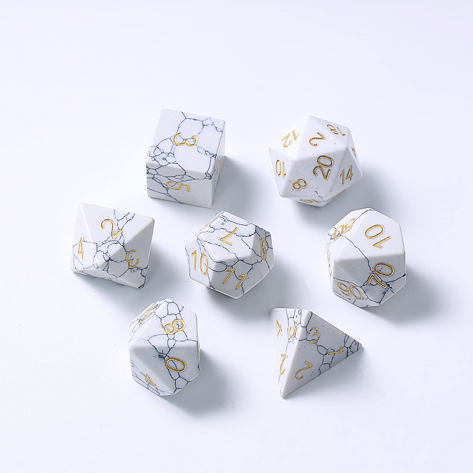 Natural Gemstone Dice Set DND, Full Set 7 Piece Glass D&D Dice with Portable Cloth Bag and Tablecloth for Dungeons and Dragons D&D(White Howlite Turquoise)