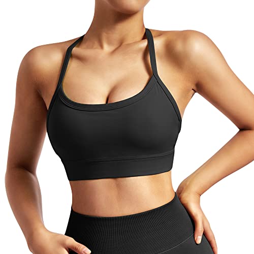 MOOSLOVER Women Strappy Sports Bra Crisscross Back Yoga Bras Padded Backless Medium Support Tops(L,#6 Black (Y back)-215)