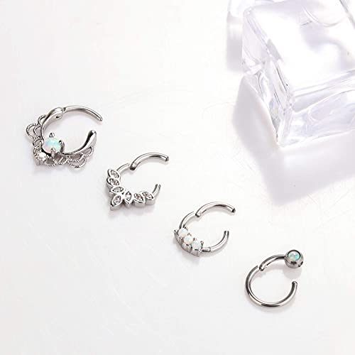 JOERICA Black Daith Earrings 16G Stainless Steel CZ Opal Cartilage Helix Tragus Hoop Earrings Hinged Segment Clicker 8MM Septum Ring Piercing Jewelry