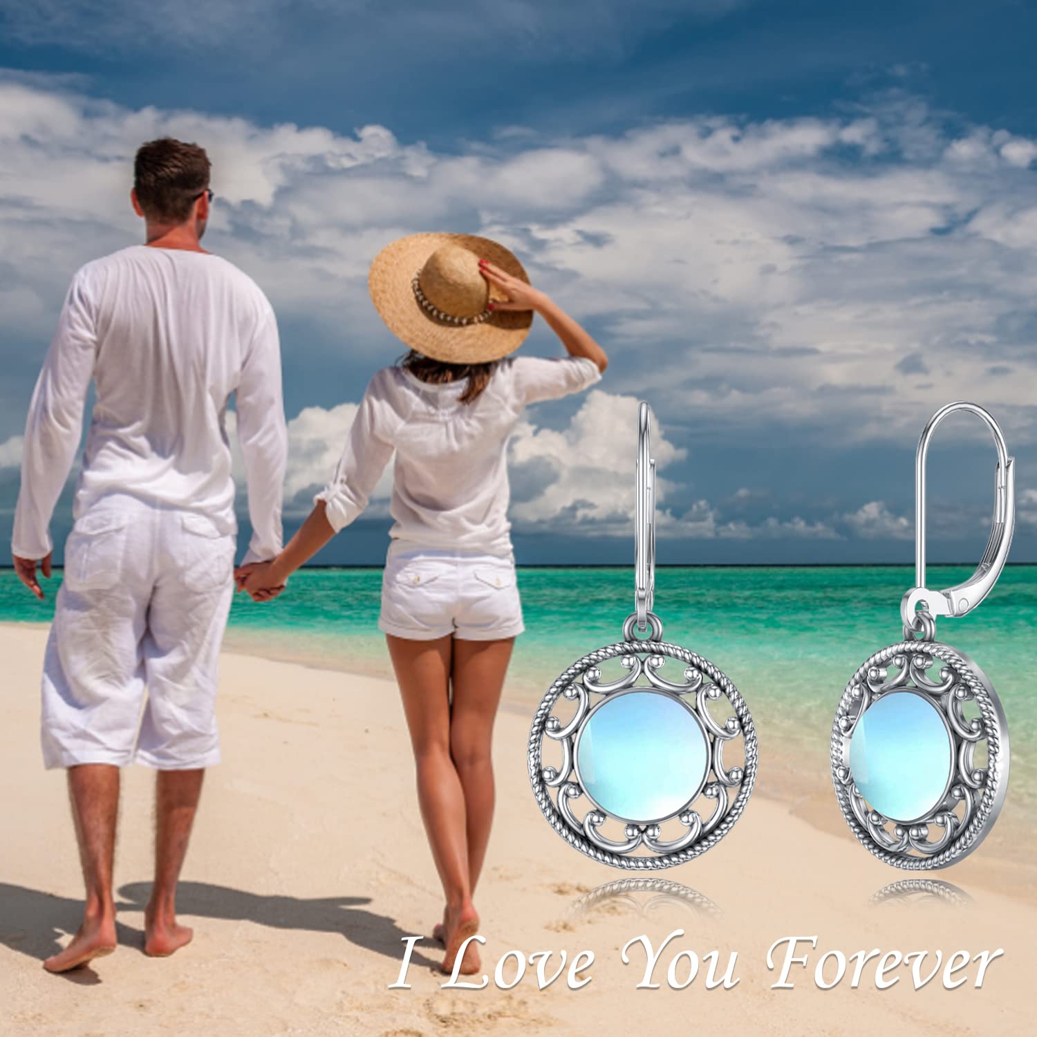 LONAGO Filigree Earrings 925 Sterling Silver Created Moonstone Dangle Earrings Jewelry for Women