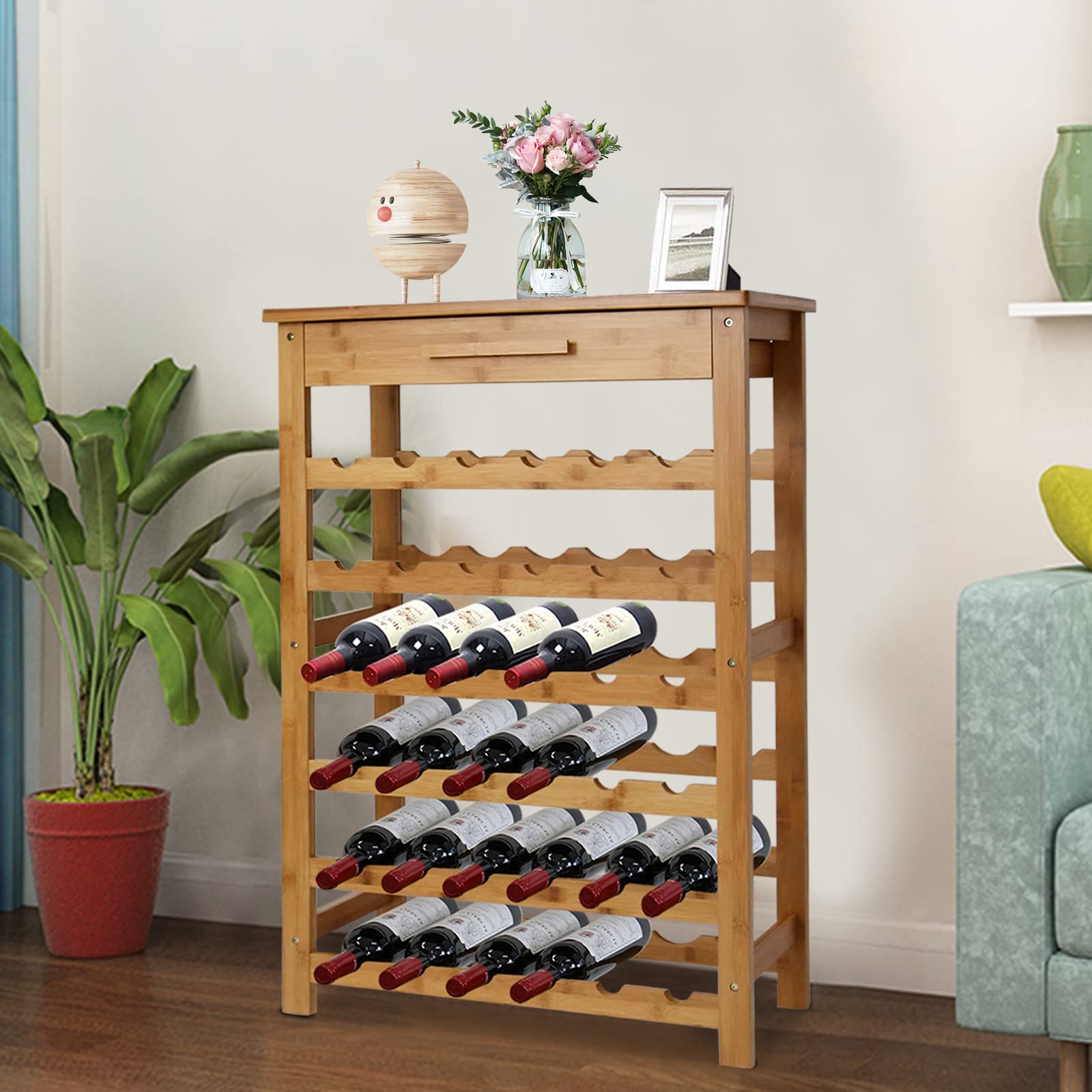 J-SUN-7 7-Tiers Bamboo Freestanding Wine Racks - Storage Shelves for Display 28 Bottles of Wine Containers