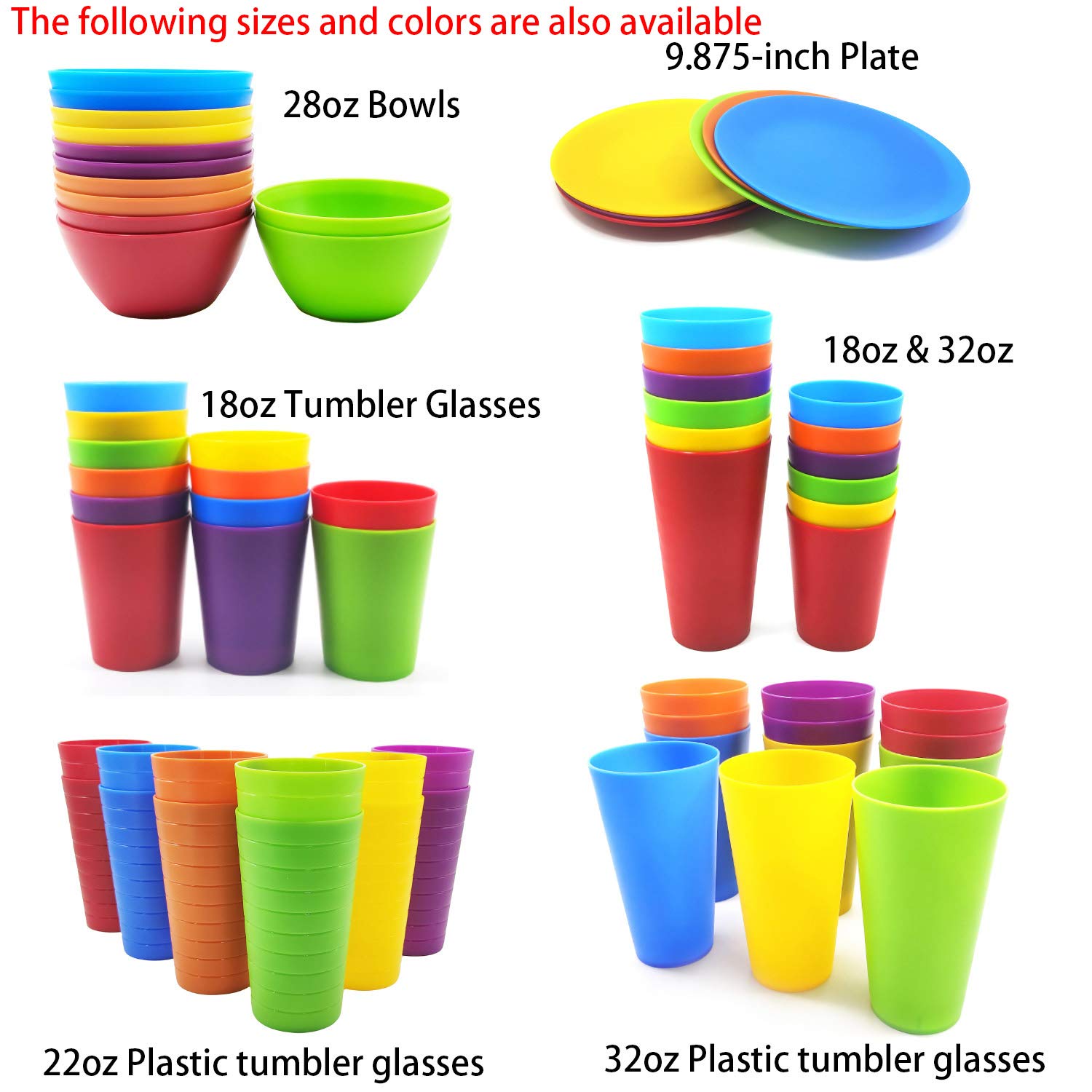 KOXIN-KARLU Unbreakable 32-ounce Plastic Restaurant-Style Beverage Tumblers Ice Tea Glasses | set of 12 in Multicolor