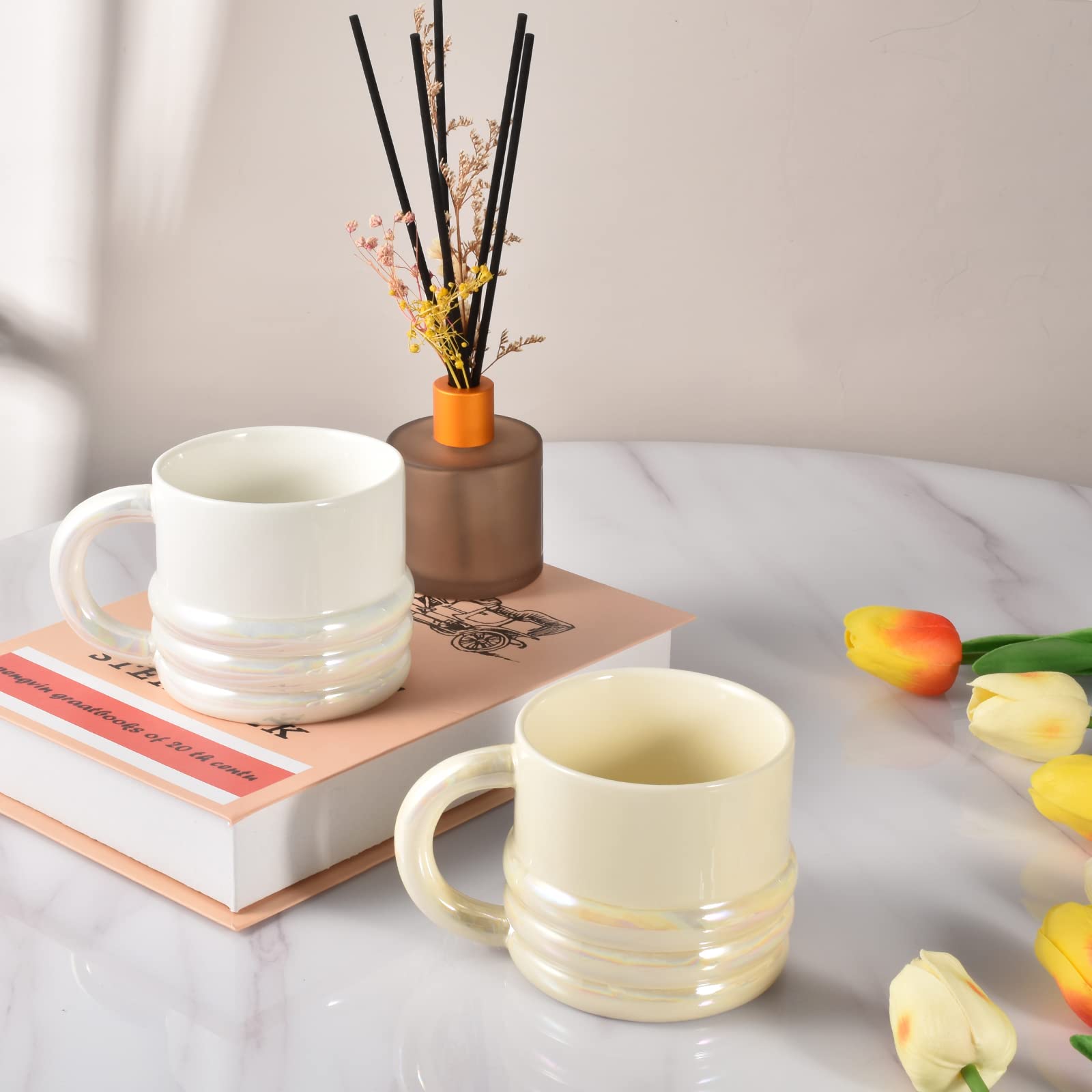 Koythin Ceramic Coffee Mug, Cute Creative Electroplating Rainbow Cup Body Design for Office and Home, 13.5 oz/400 ml for Latte Tea Milk (Yellow Retro)
