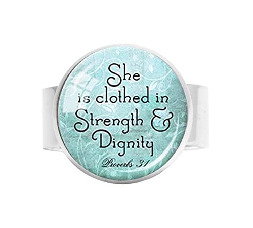 Long silver Christian Scripture - Proverbs 31 Christian Jewelry Jewellery Bible Quote Verse Aqua Gift adjustable ring