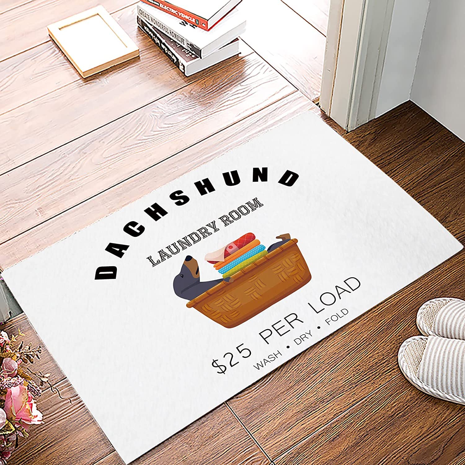 Laundry Room Theme Rule Cartoon Animal Dachshund Wash Dry Fold Indoor Outdoor Welcome Doormat, Non Slip Mat Rug Outside Patio for Kitchen Bedroom Rug, Durable & Washable, 16"X 24"