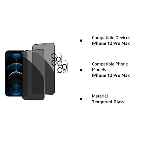 HXL [2+2 Pack] iPhone 12 Pro Max Privacy Screen Protector with Camera Lens Protector Full Coverage Anti-Spy Tempered Glass Film 9H Hardness Upgrade Edge Protection Easy Installation Bubble Free