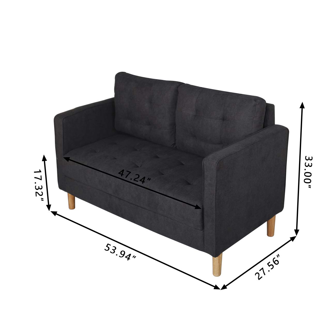 JIASTING Mid-Century Retro Modern Loveseat Sofa, Solid Wood Armrest 2-Seat Upholstered Tufted Back Couch, Living Room, Studio, Office Furniture