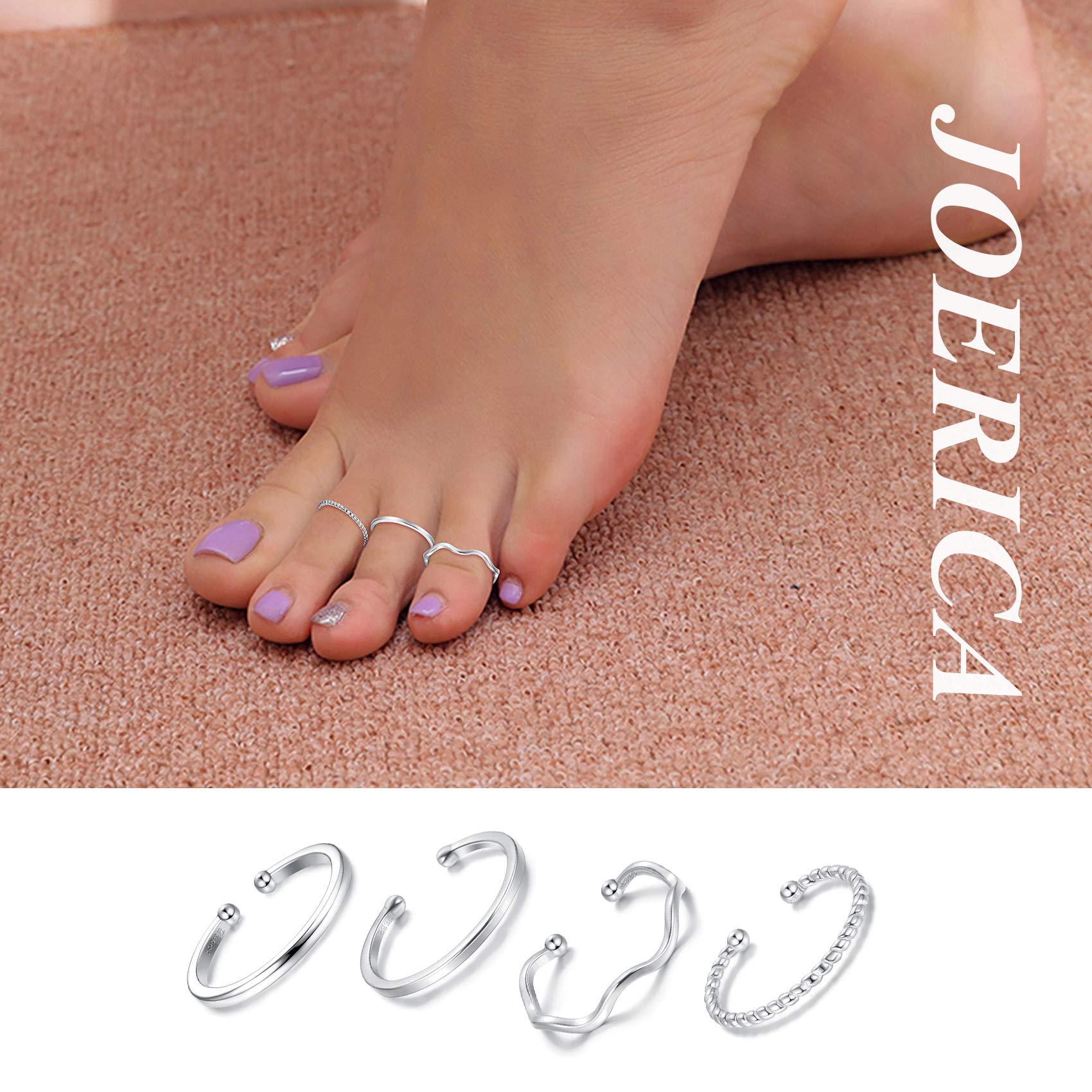 JOERICA 4 PCS Toe Rings 925 Sterling Silver Gold Plated Open Toe Rings for Women Adjustable Simple Thin Band Minimalist Beach Toe Rings Set Foot Jewelry