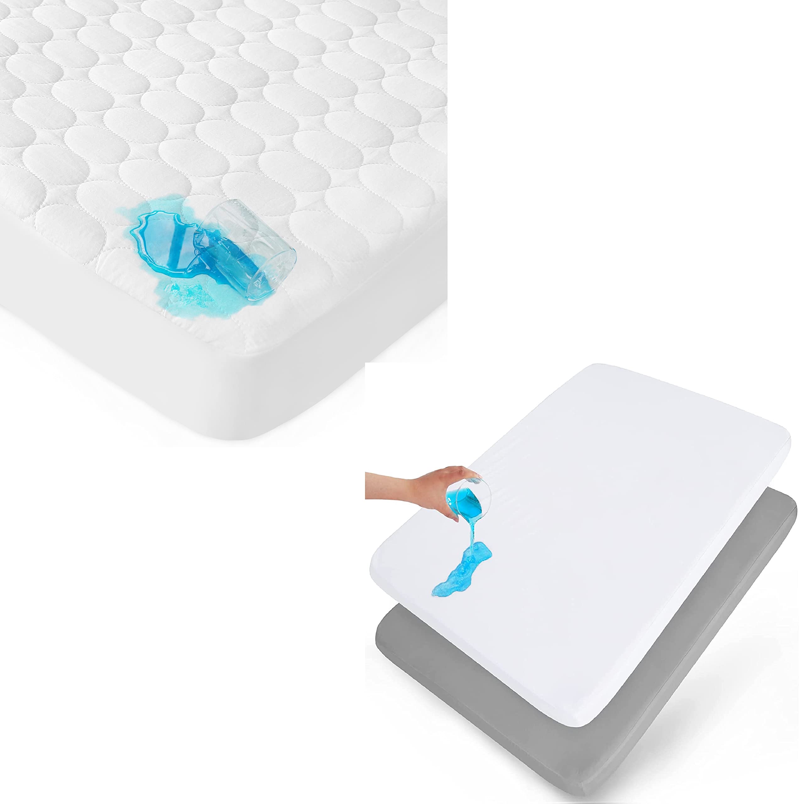 Pack N Play Mattress Pad Sheets Fitted Waterproof Mini Crib Mattress Protector 39β x 27β & Mini Crib Sheets, Pack n Play Sheet Fitted, 2 Pack