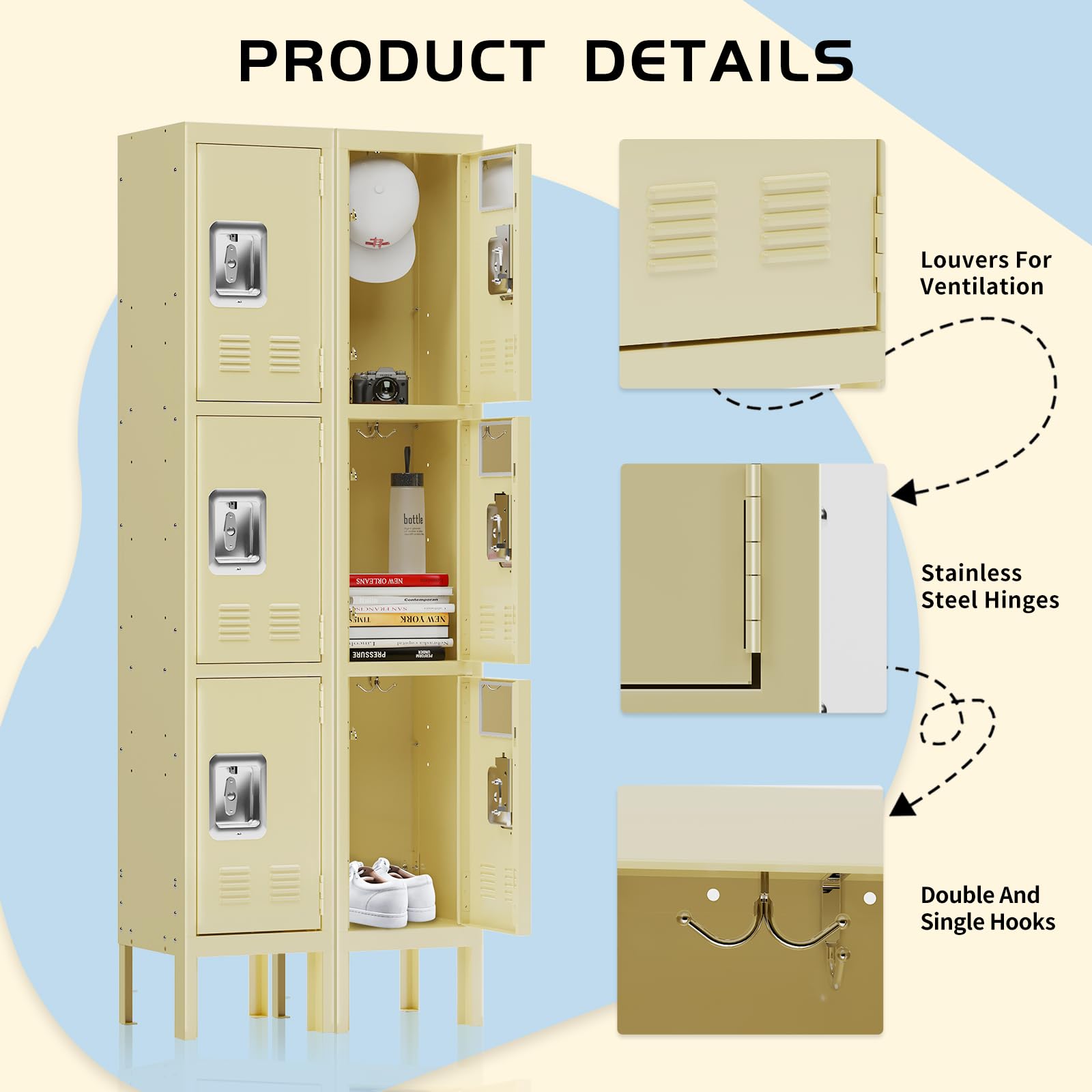 KAER Lockers,Metal Locker, Lockers for Employees, Locker Shelf for School, Gym Locker, Office, Garage, 3-Tier Locker with Mirror, Hooks, Screwdriver, Gloves