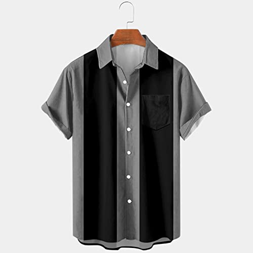 Men's Vintage Bowling Shirt Short Sleeve Button Down Summer Cuba Beach Shirts Stripe Printing Top with Pocket