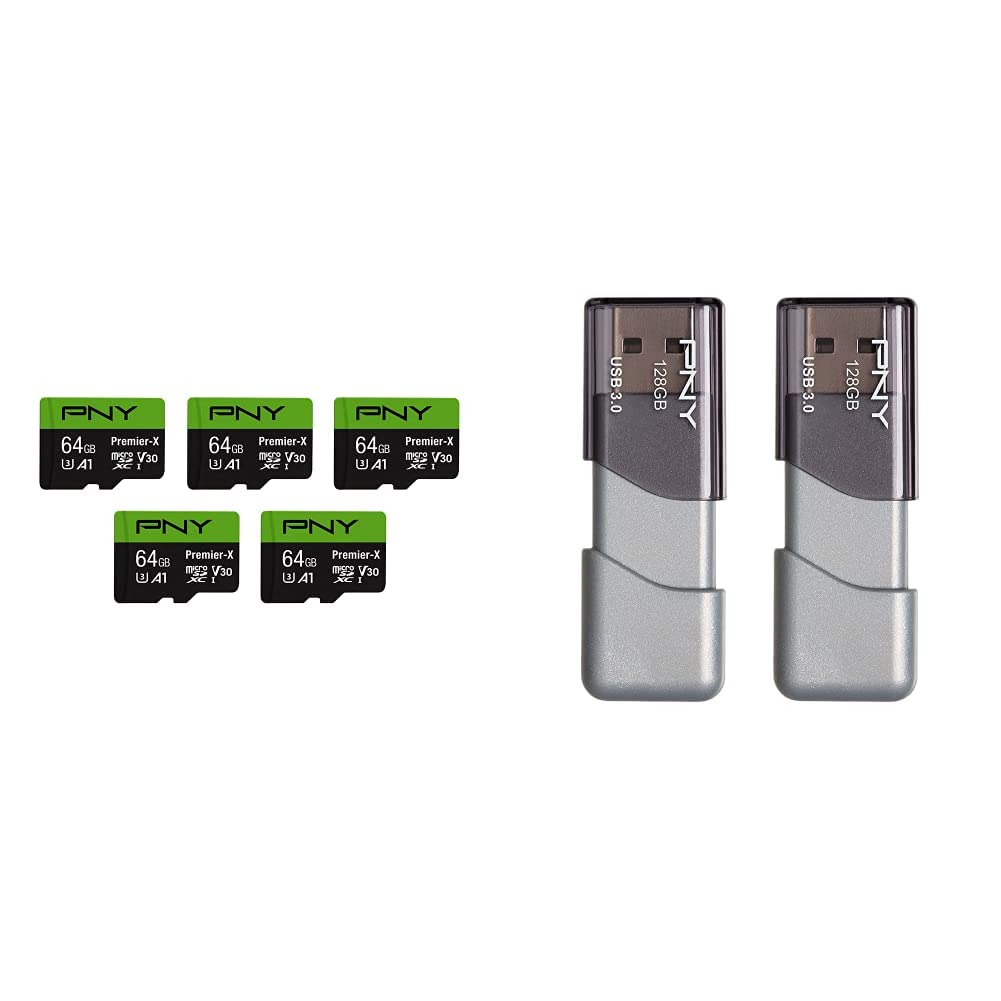 PNY 64GB Premier-X Class 10 U3 V30 microSDXC Flash Memory Card 5-Pack - 100MB/s, Class 10, U3, V30, A1, 4K UHD, Full HD, UHS-I, Micro SD & 128GB Turbo Attaché 3 USB 3.0 Flash Drive, 2-Pack